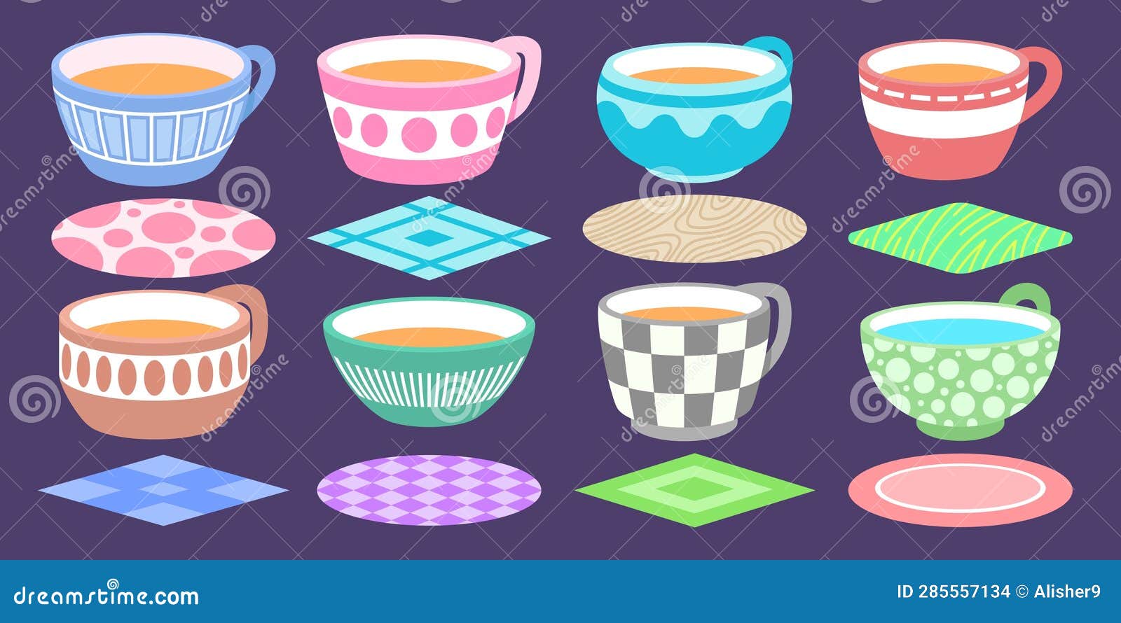 Set of Different Cups an Coasters for Them. Stock Vector - Illustration ...