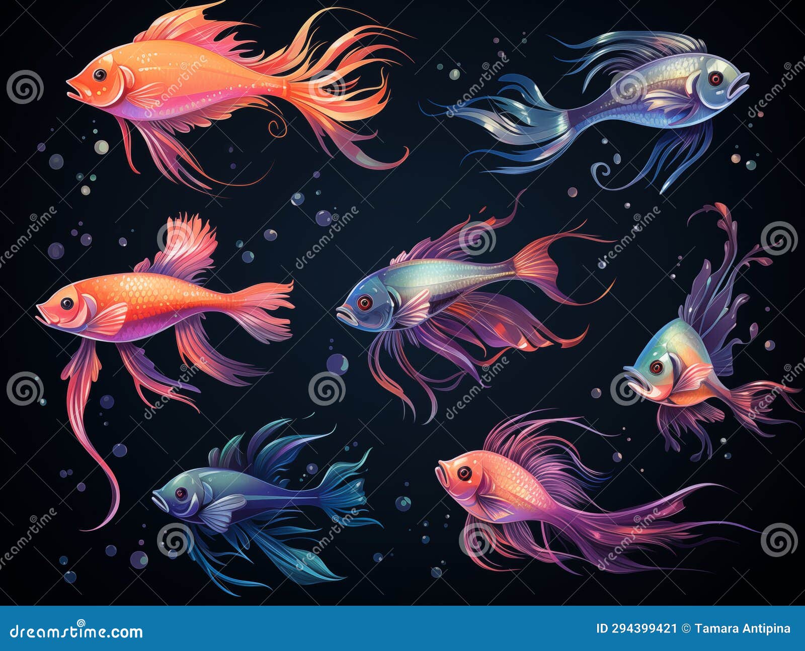 Set of Different Cute Glowing Fish. in Cartoon Style. on a Dark ...