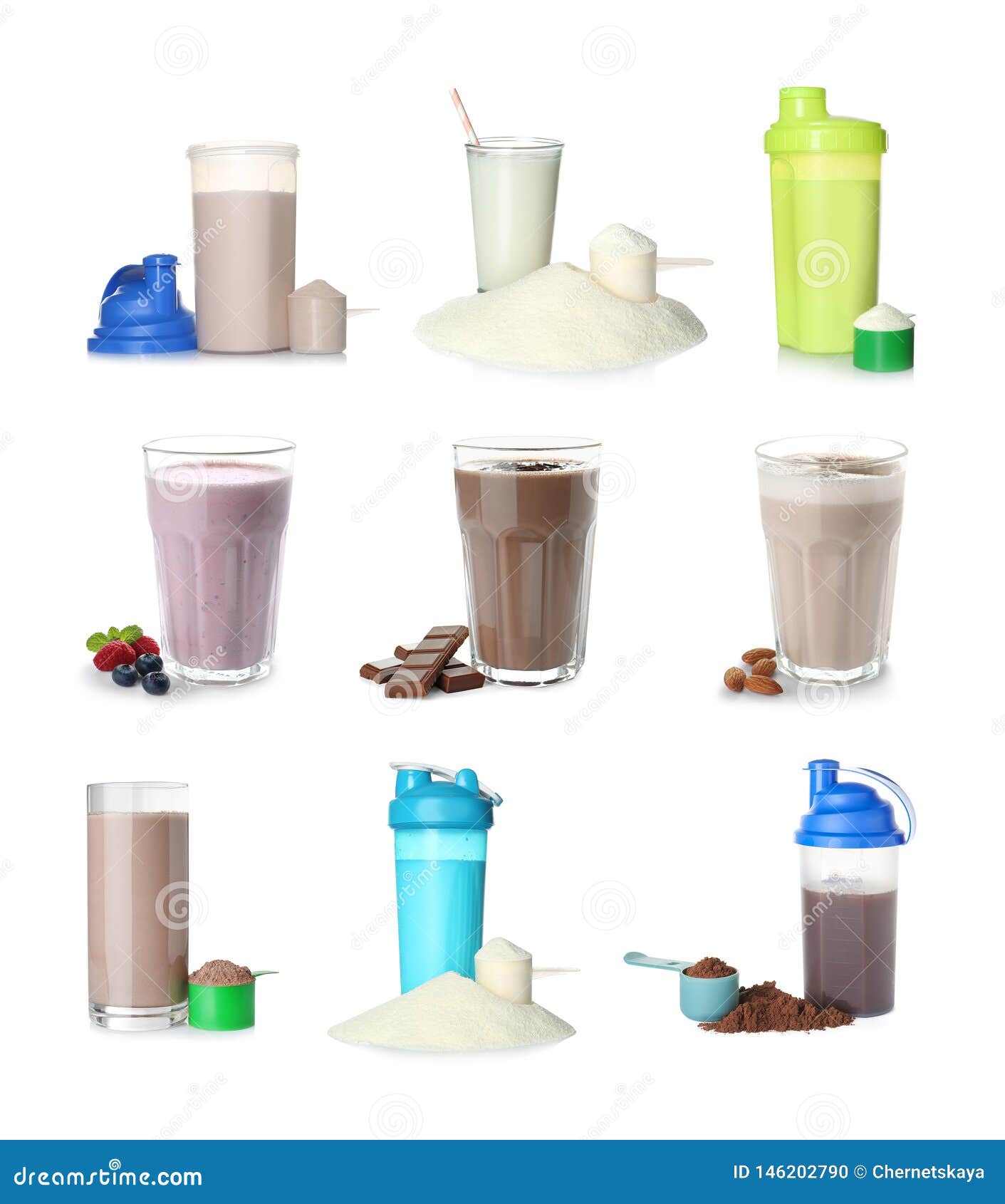 Set of Different Delicious Protein Shakes on White Stock Photo - Image ...