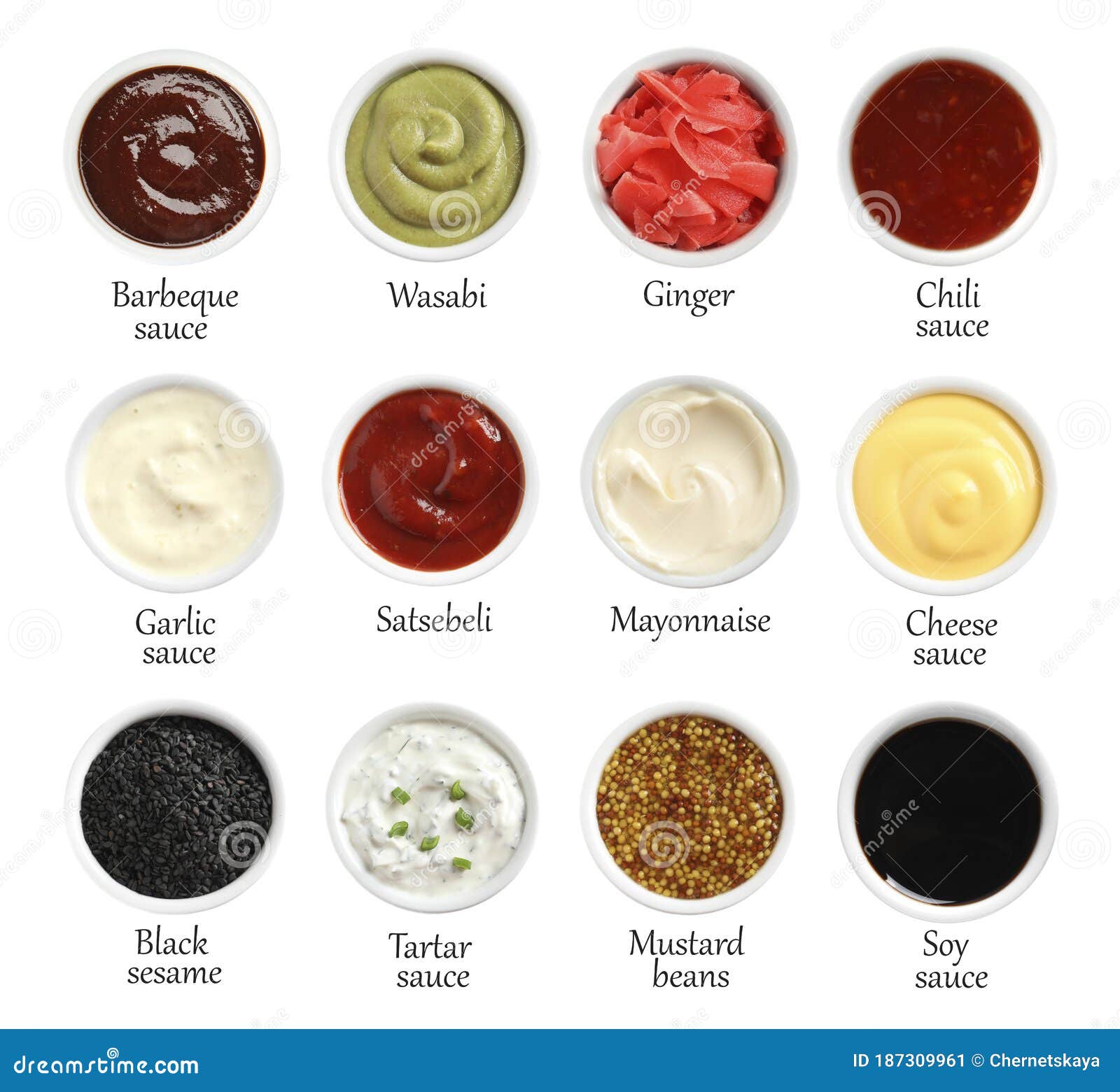Set of Different Delicious Sauces and Condiments on Background, Top ...