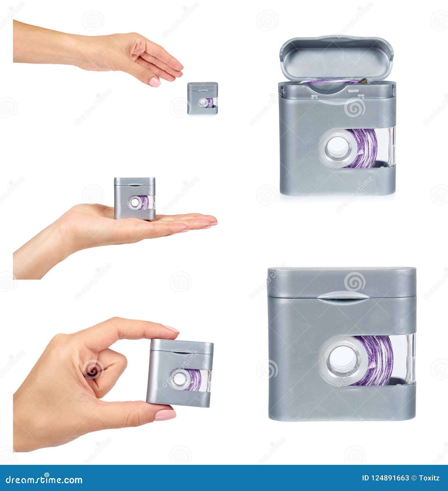 Set of Different Dental Floss in Grey Container with Hand Isolated on ...