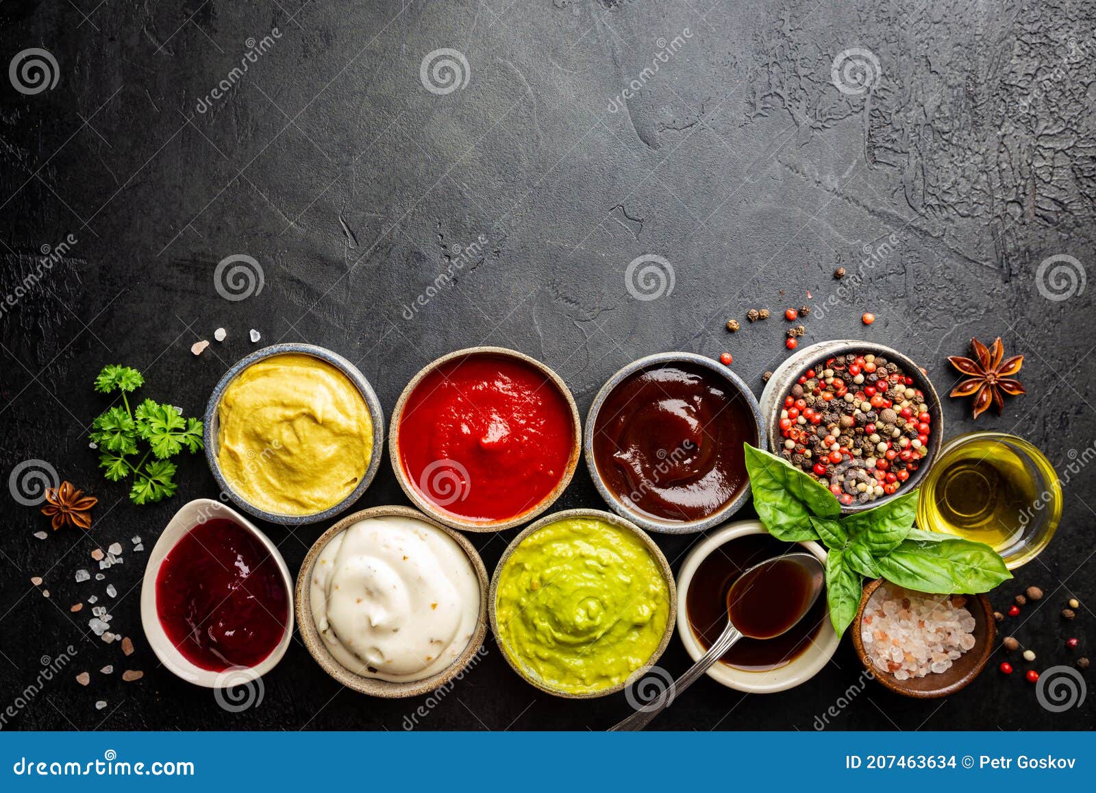 Set of Different Dip Sauces Stock Photo - Image of black, background ...