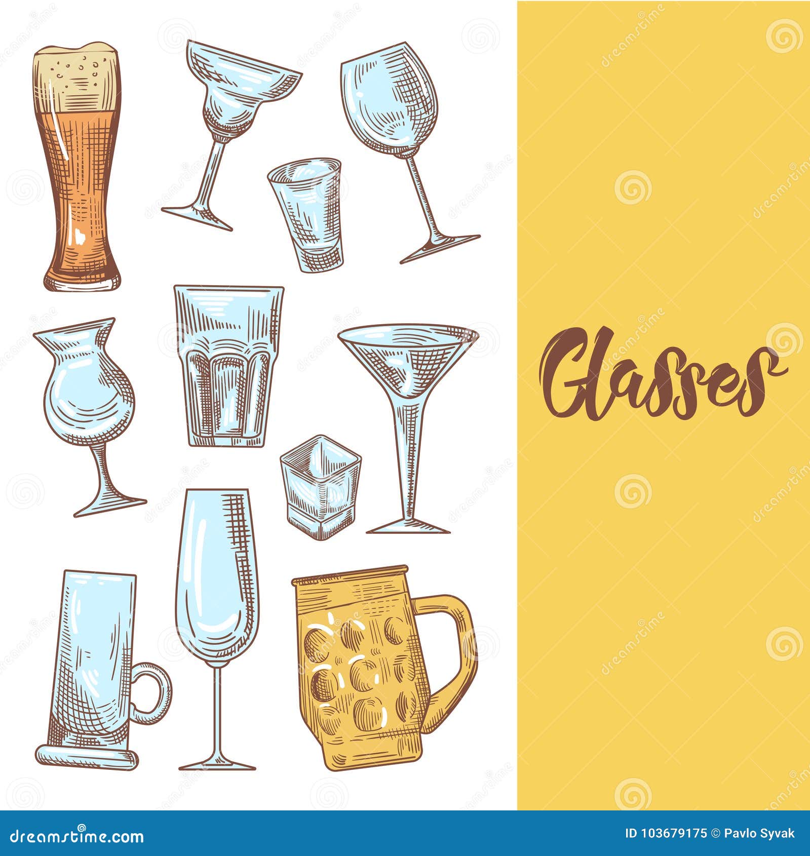 Set of Different Drink Beverage Glasses. Stemware Hand Drawn Doodle on ...