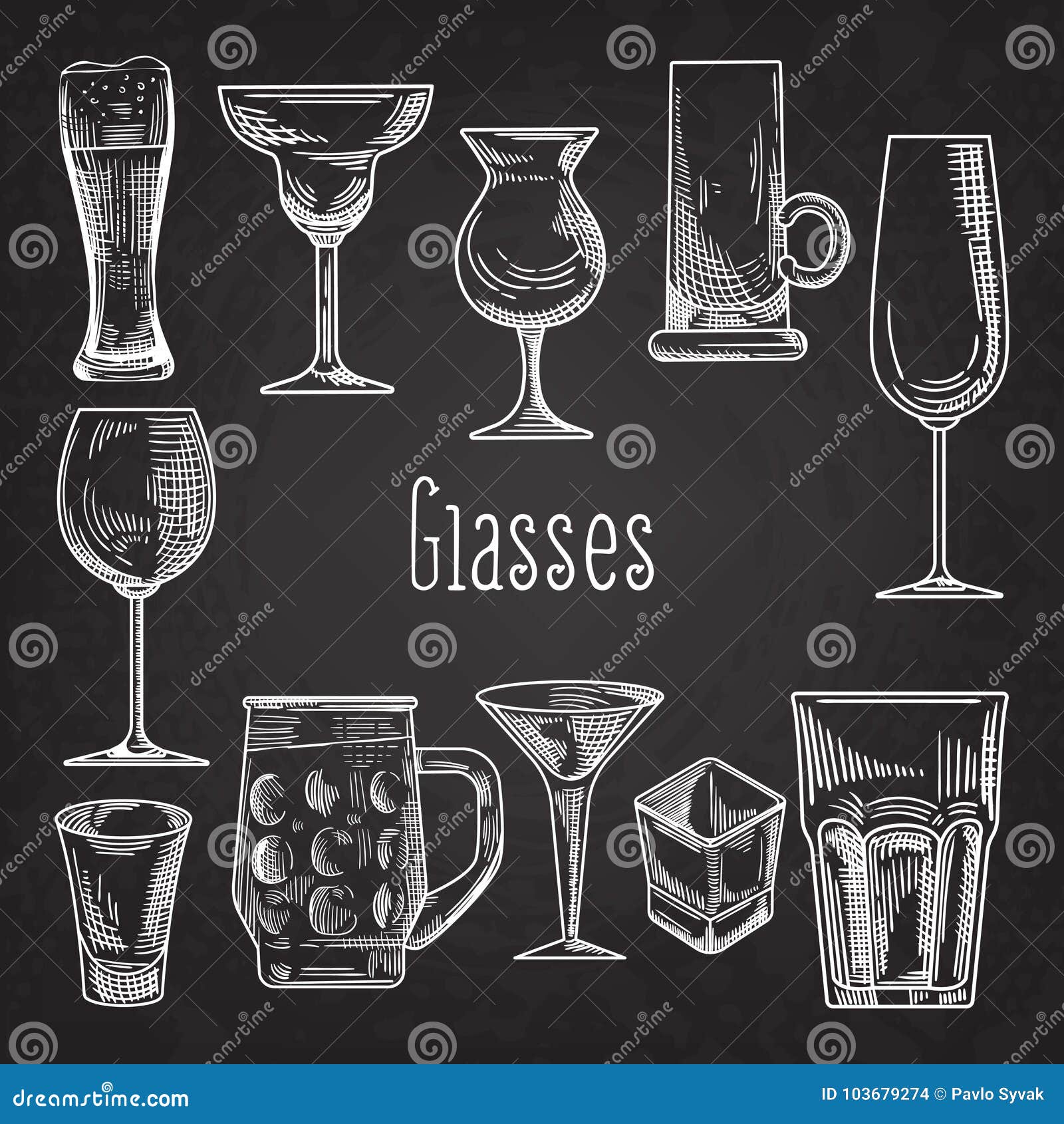 Set of Different Drink Glasses. Stemware Hand Drawn Doodle on ...