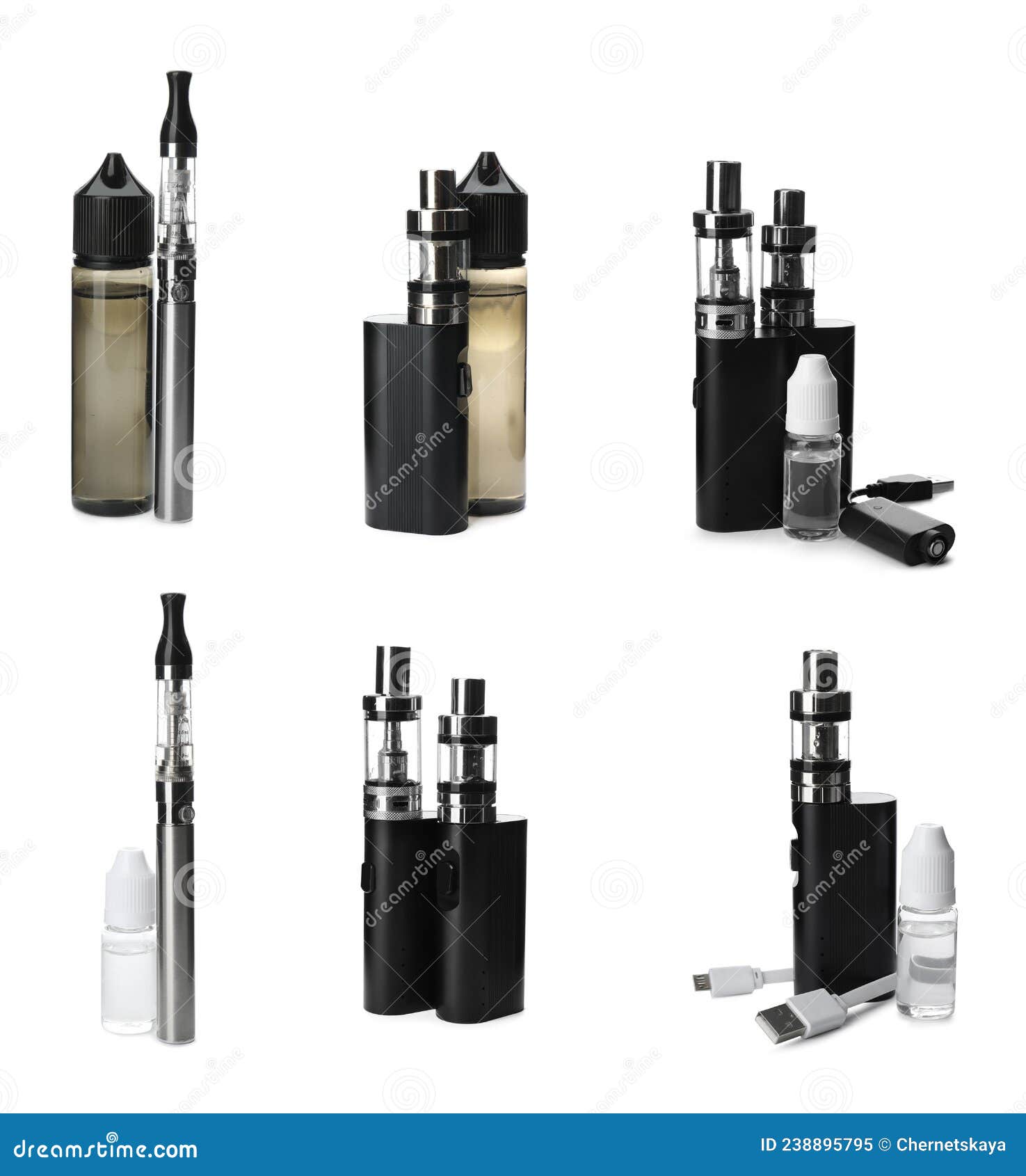 Set with Different Electronic Smoking Devices on White Background Stock ...