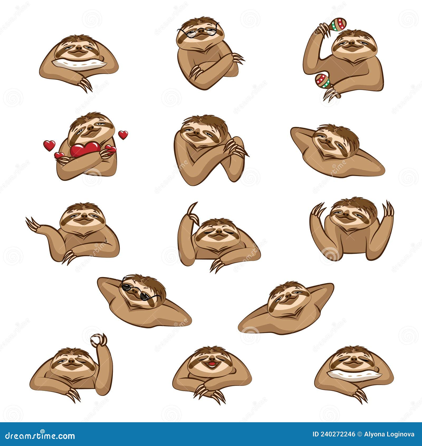 A Set of Different Emotions of a Funny Cartoon Sloth. Stock Vector ...