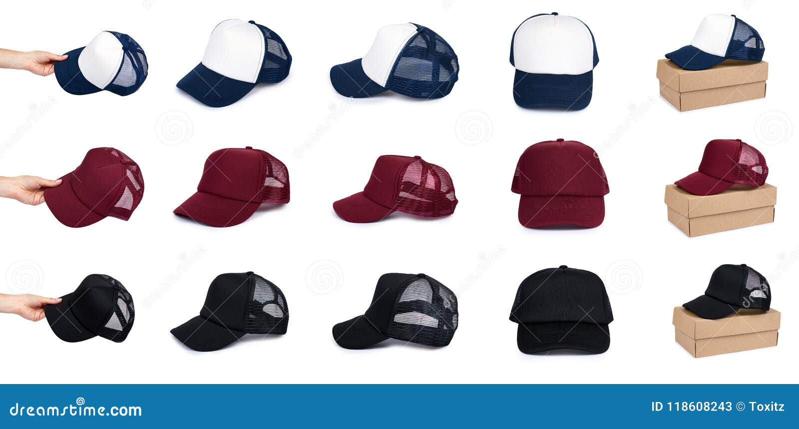 Set of Different Empty Textile Cap with Hand and Box Isolated on White ...