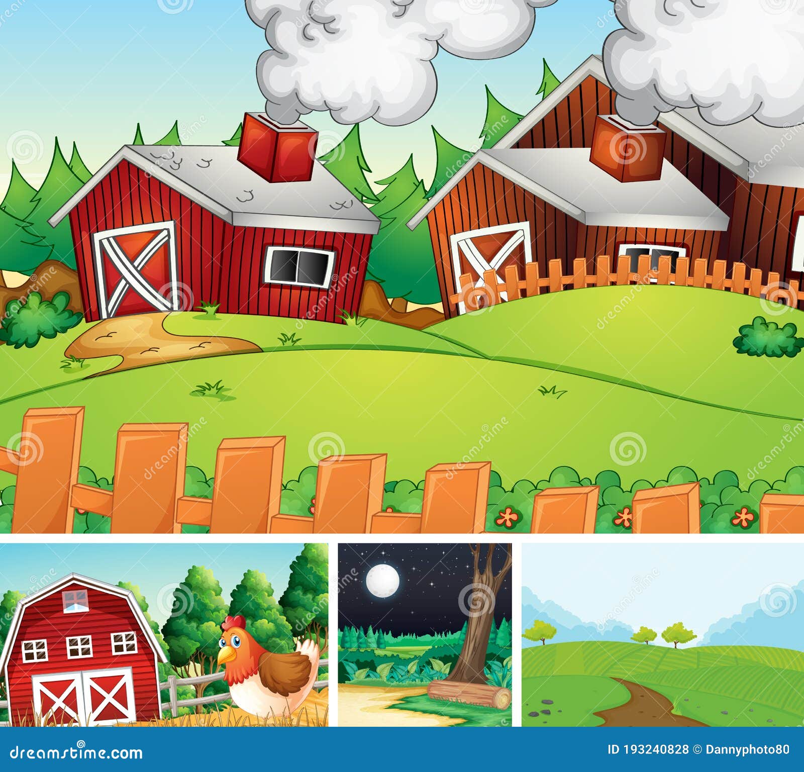 Set of Different Farm Scenes Cartoon Style Stock Vector - Illustration ...