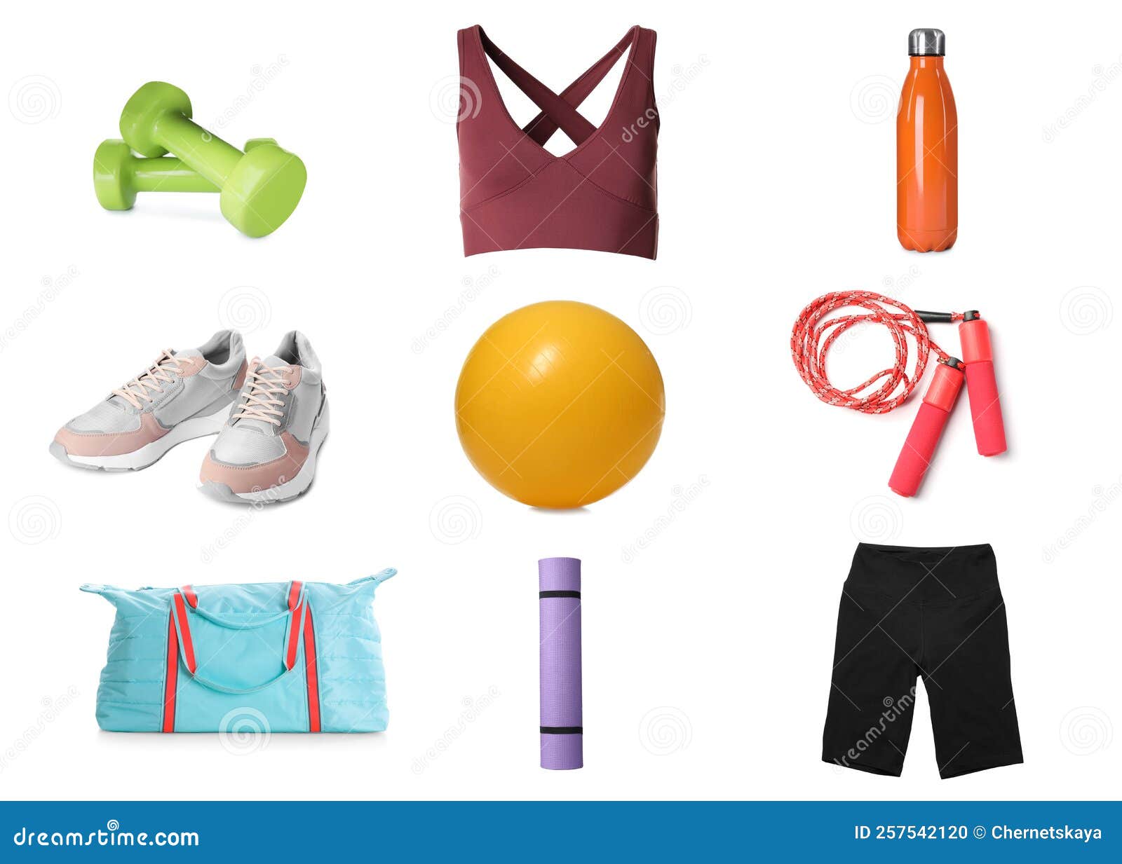 Set with Different Fitness Equipment on White Background Stock Photo ...