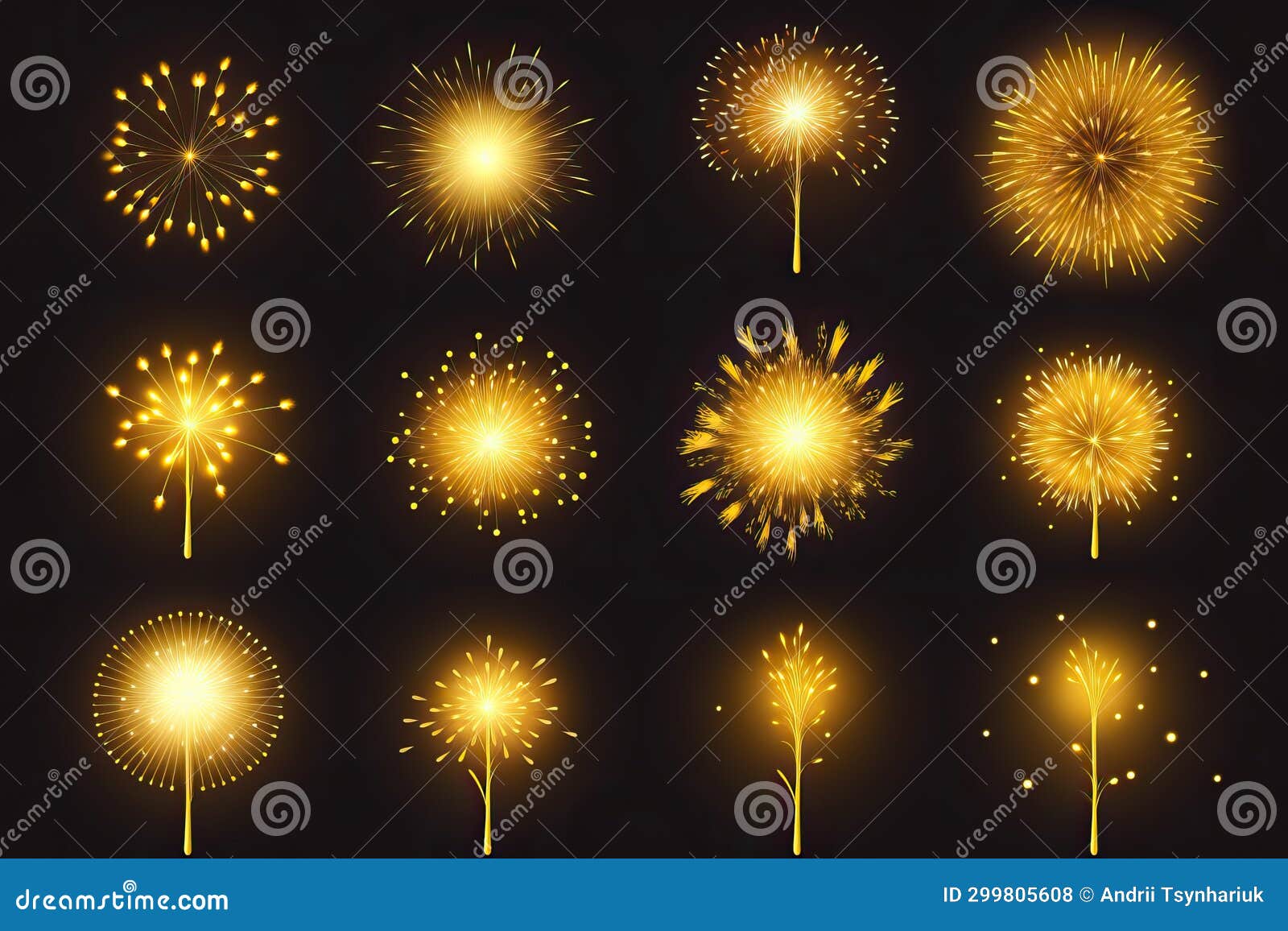 A Set of Different Flashes from Fireworks of Yellow Color on a Black ...