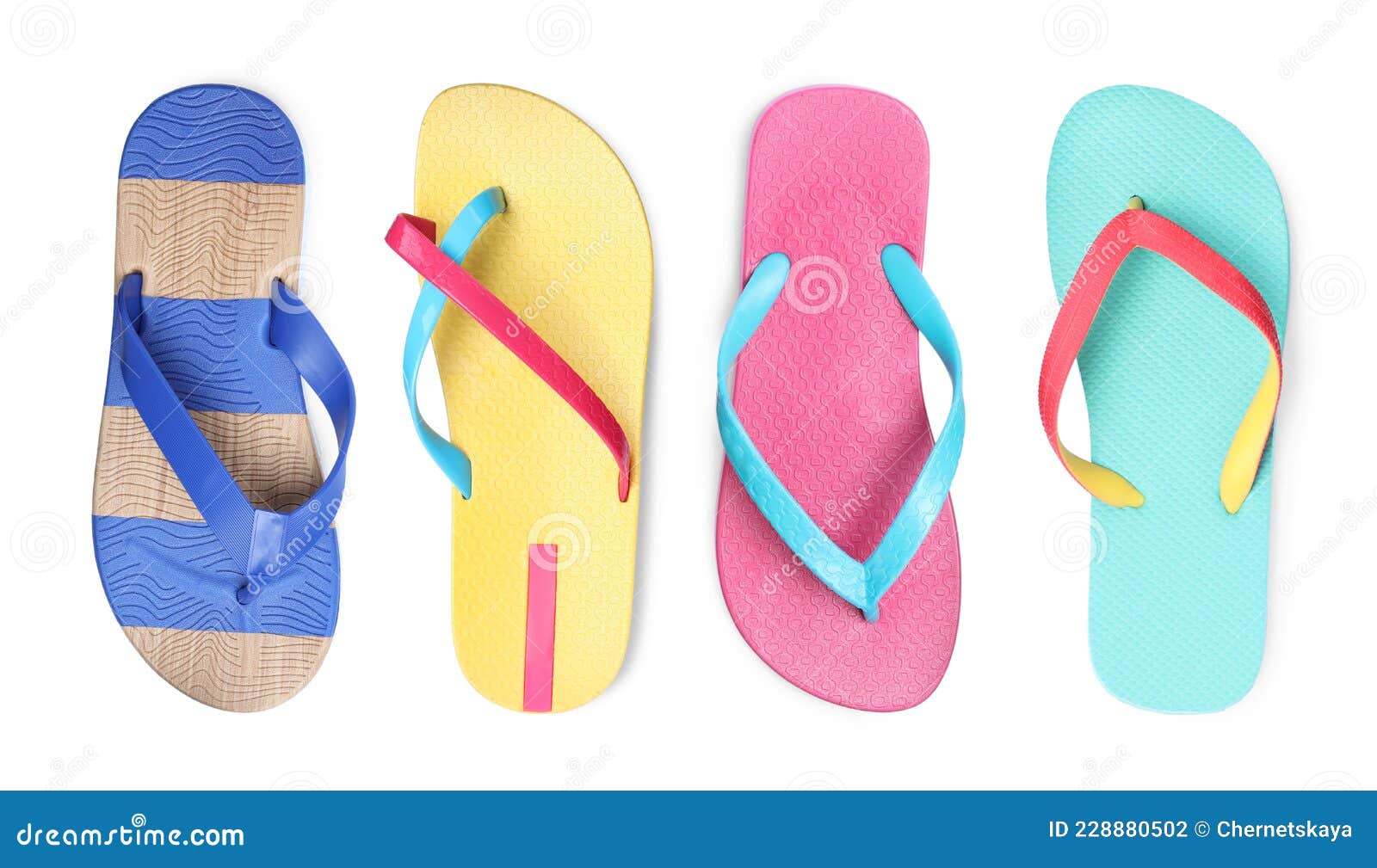 Set with Different Flip Flops on White Background, Top View Stock Photo ...