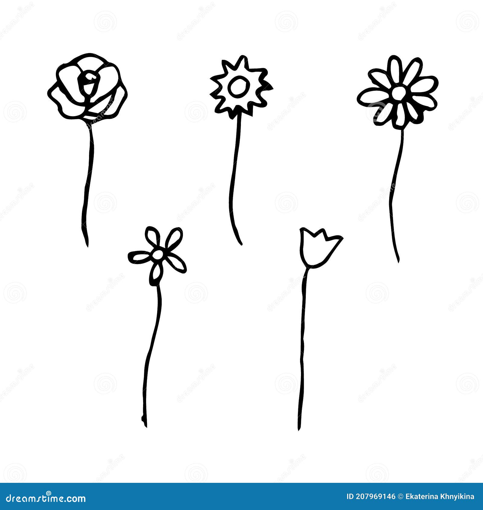 Set of Different Flowers, Vector Doodle Illustration Stock Illustration ...