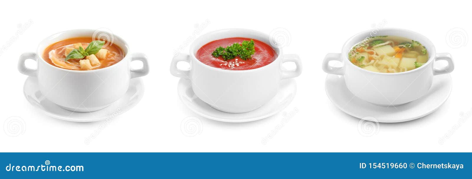 Set of Different Fresh Homemade Soups on White Background Stock Photo ...
