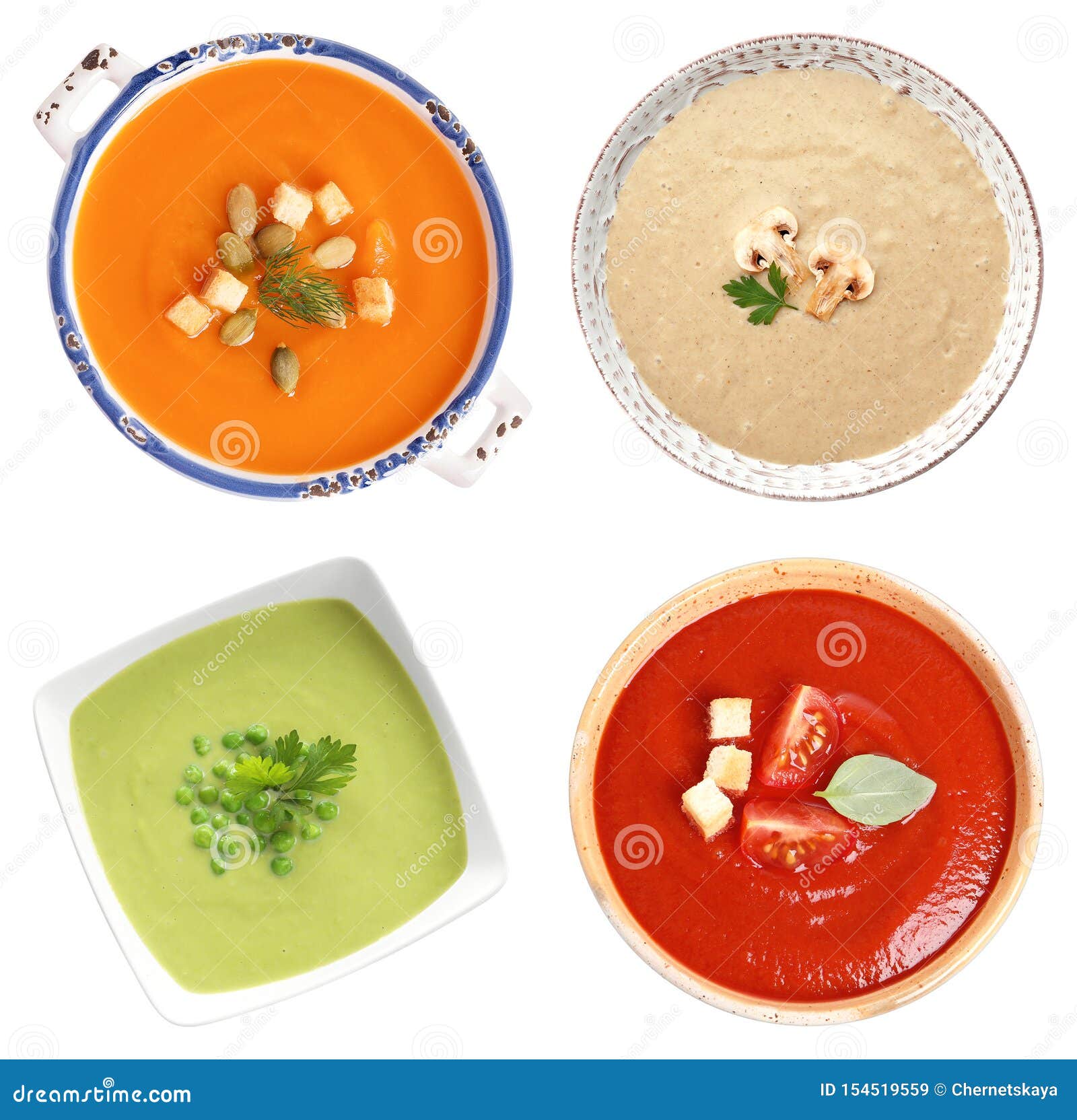 Set of Different Fresh Homemade Soups on White Background, Top Stock ...