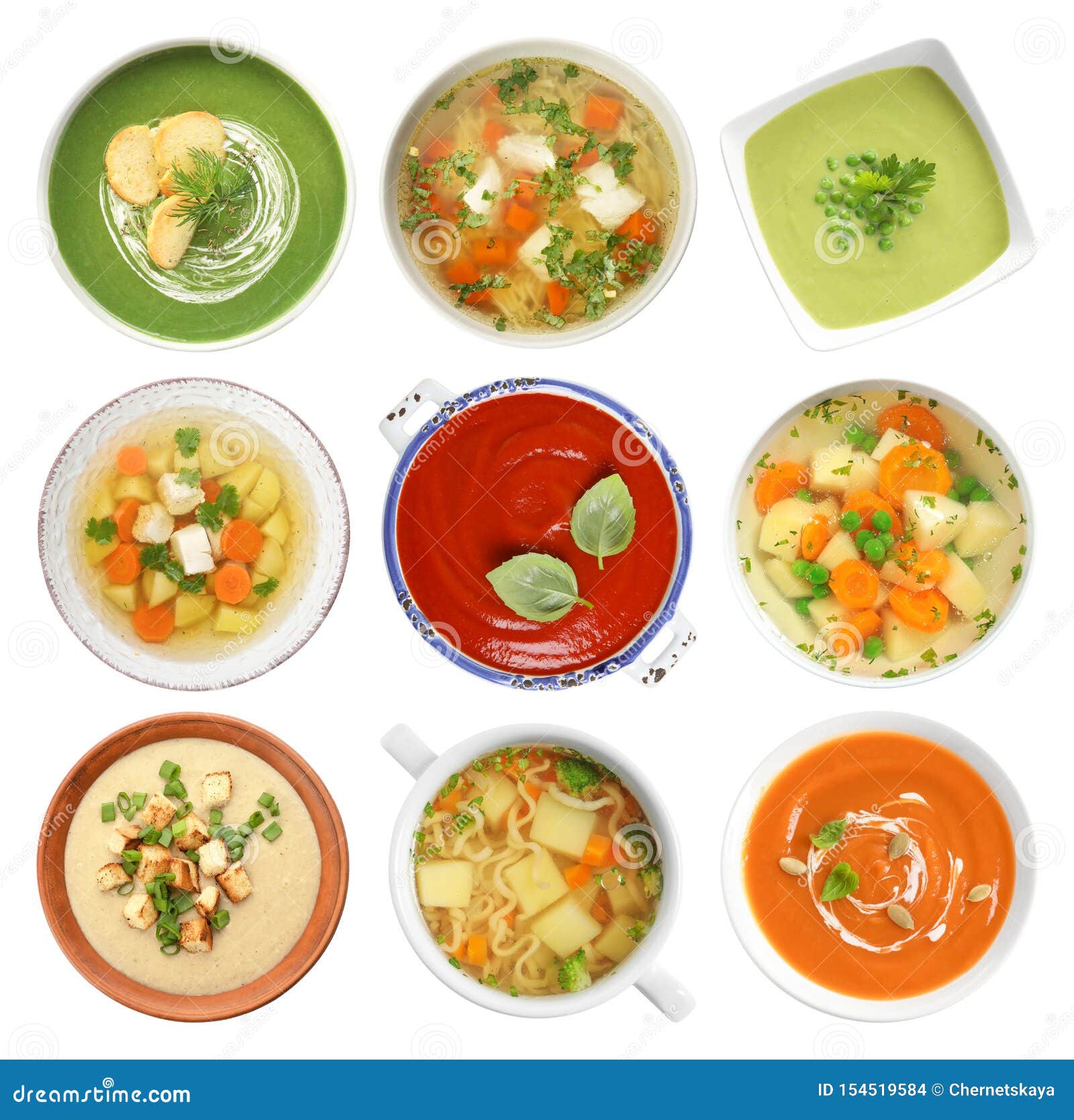 Set of Different Fresh Homemade Soups on White Background, Stock Photo ...