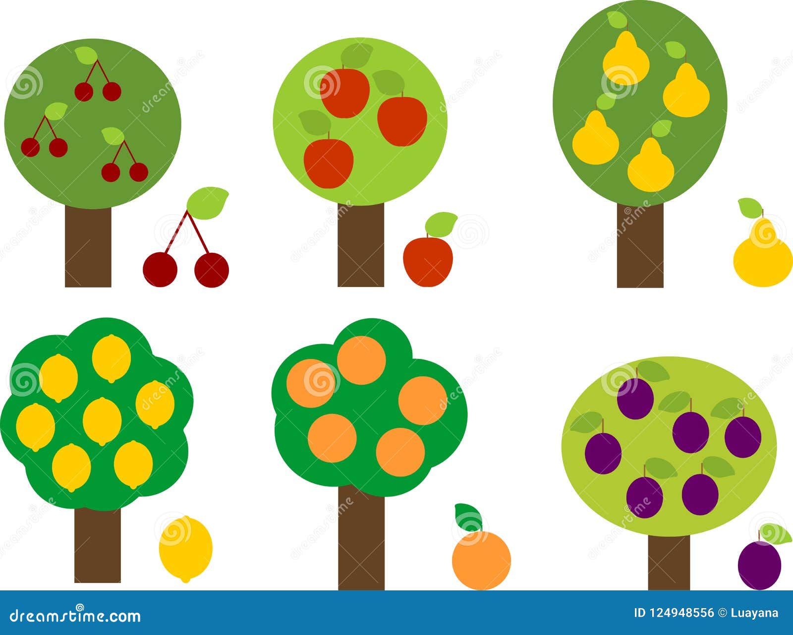Set of Different Fruit Trees in Simplified Cartoon Style Isolated on ...
