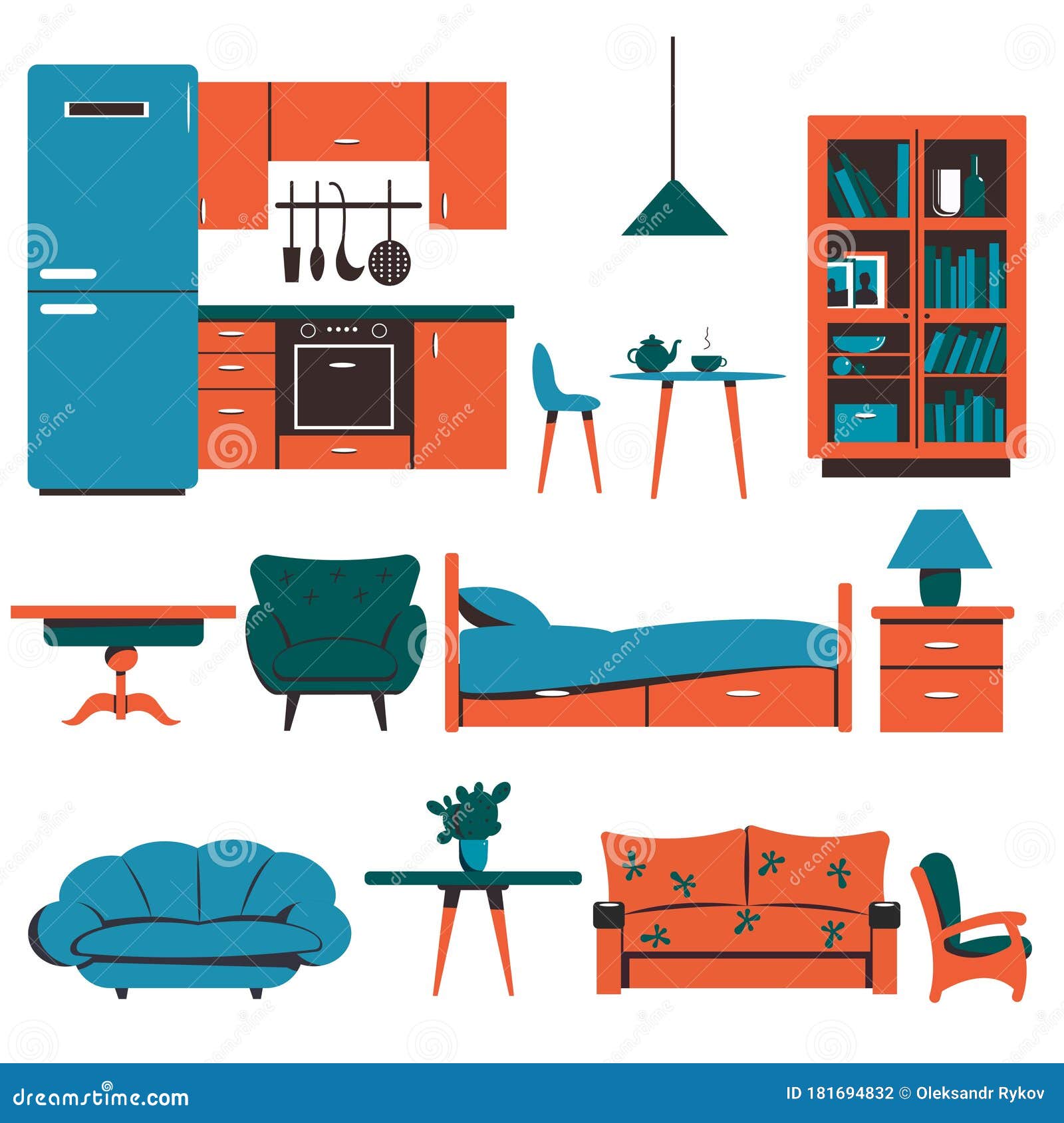 A Set of Different Furniture, a Refrigerator, Kitchen Furniture, a Bed ...