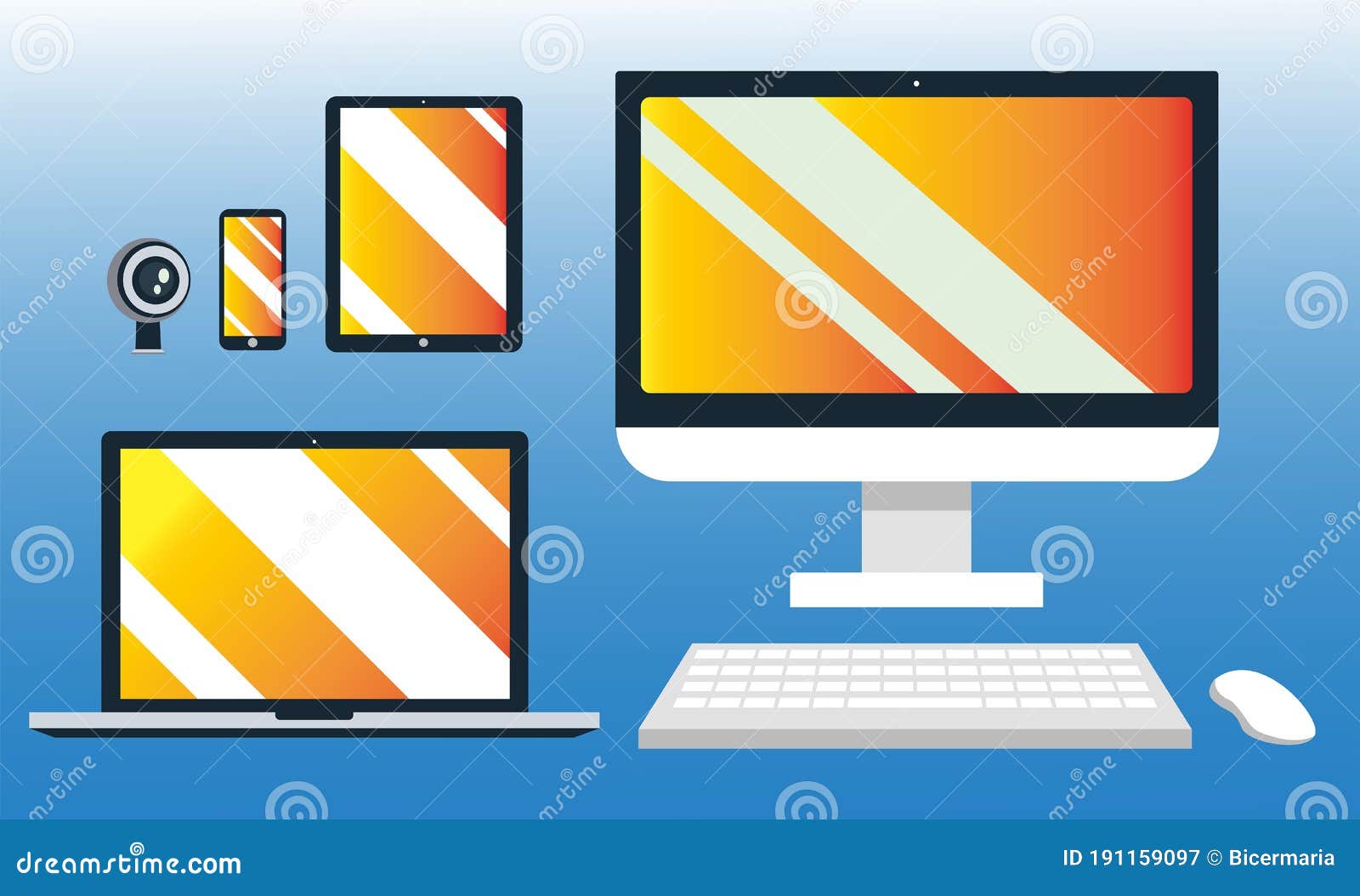 Set of Different Gadgets with Blank Screens Over Blue Background. Stock ...