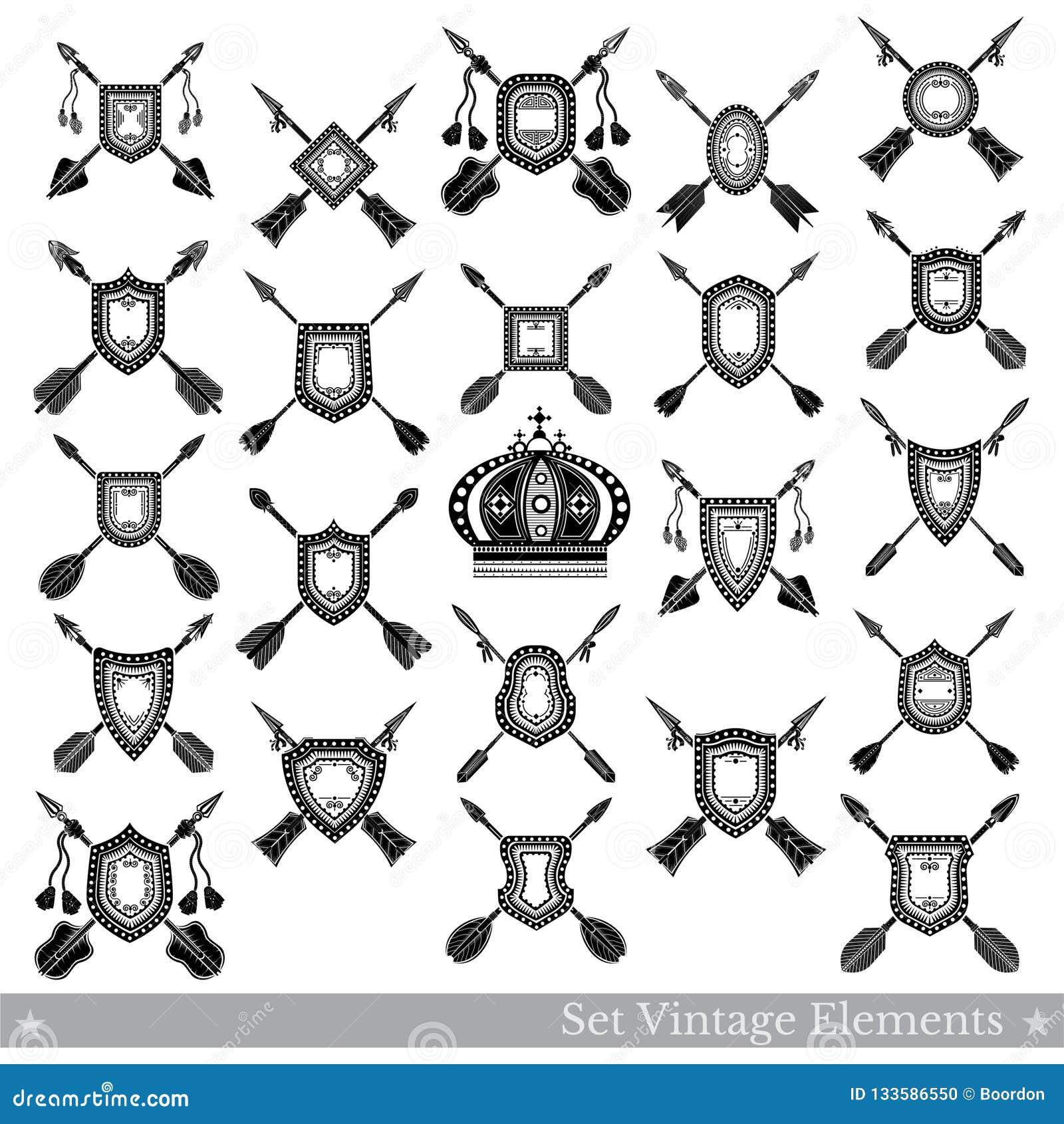 Set of Different Geometric Shields and Crossed Arrows Behind. Vector ...