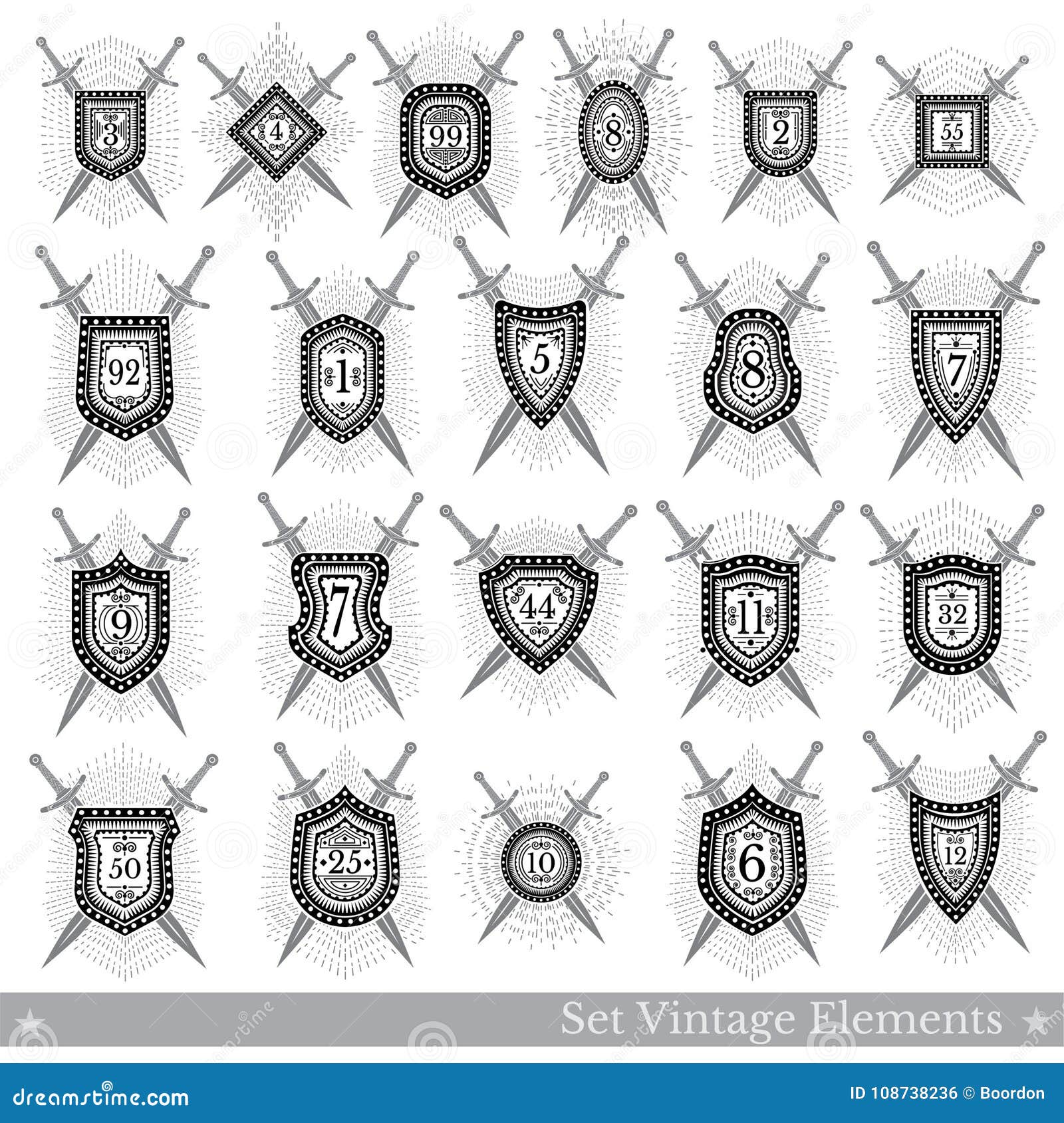 Set of Different Geometric Shields with Light Ray and Crossed Swords ...