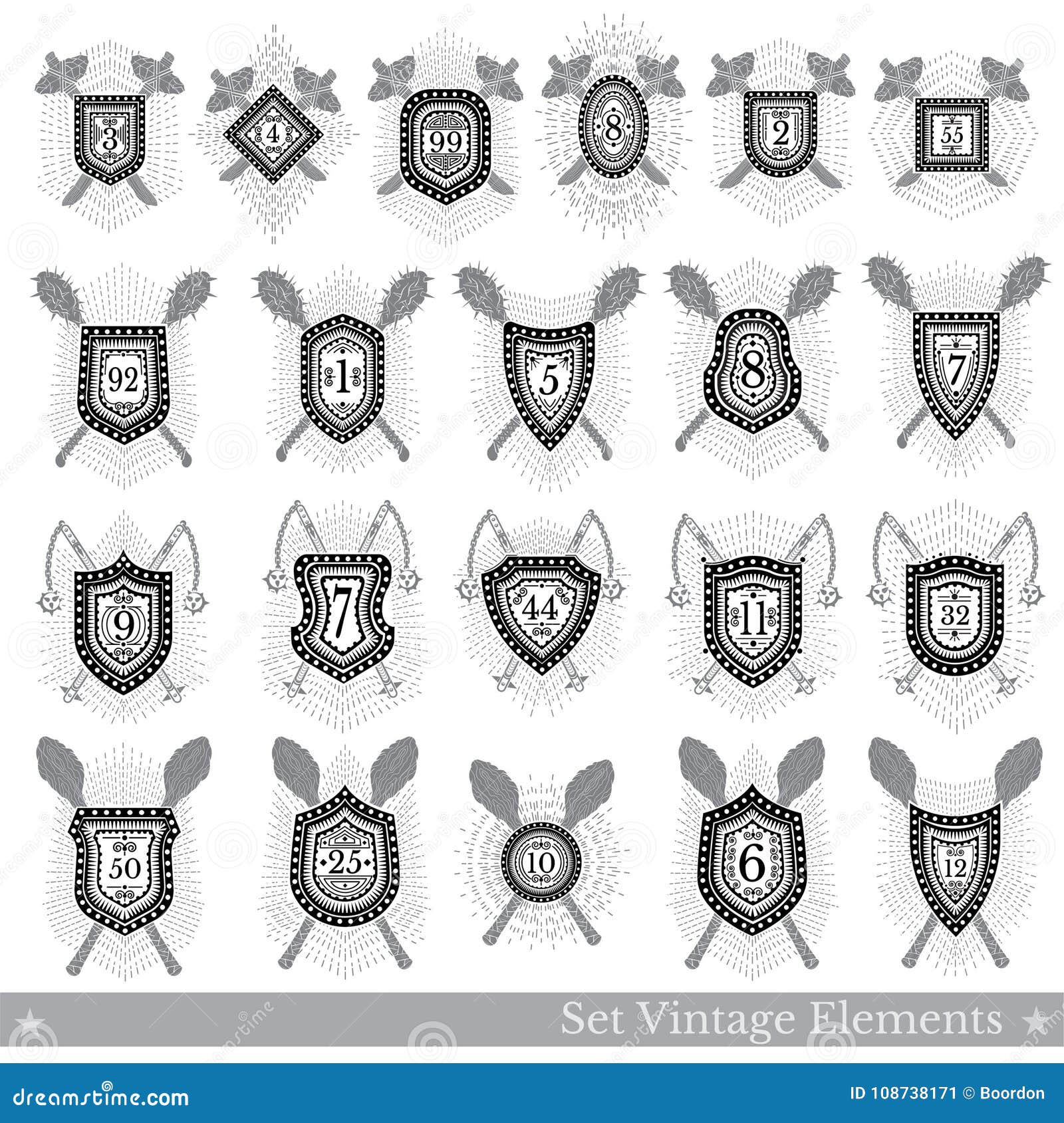 Set of Different Geometric Shields with Light Ray and Crossed Vintage ...