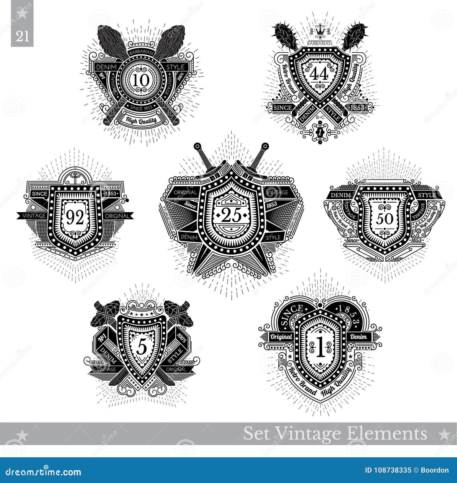 Set of Different Geometric Shields with Light Ray and Crossed Vintage ...