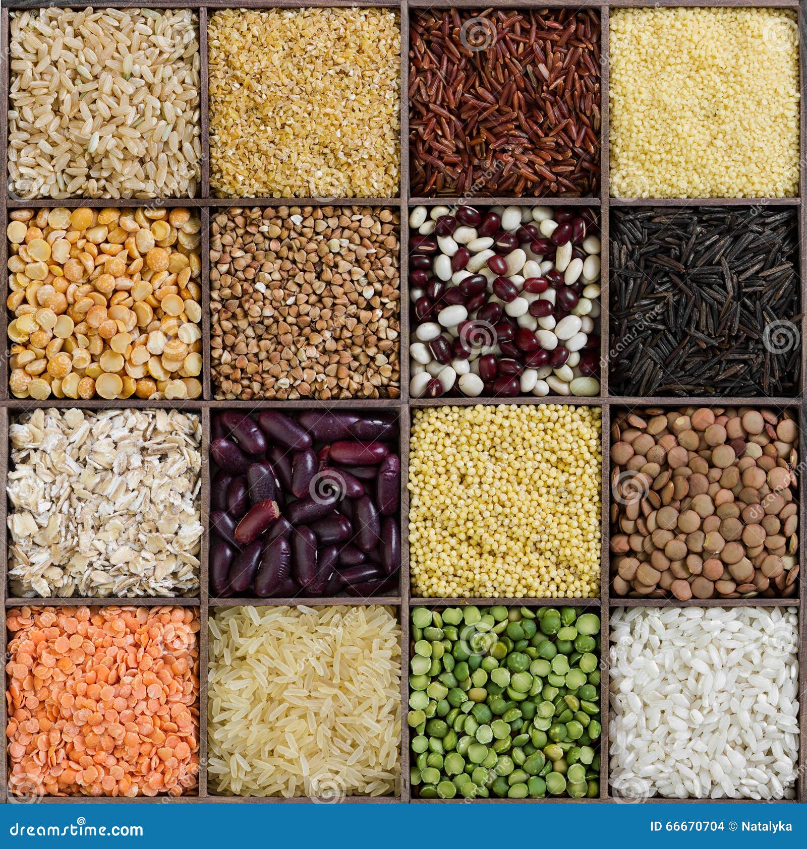 Set of Different Grains in Wooden Box. Stock Photo - Image of flakes ...