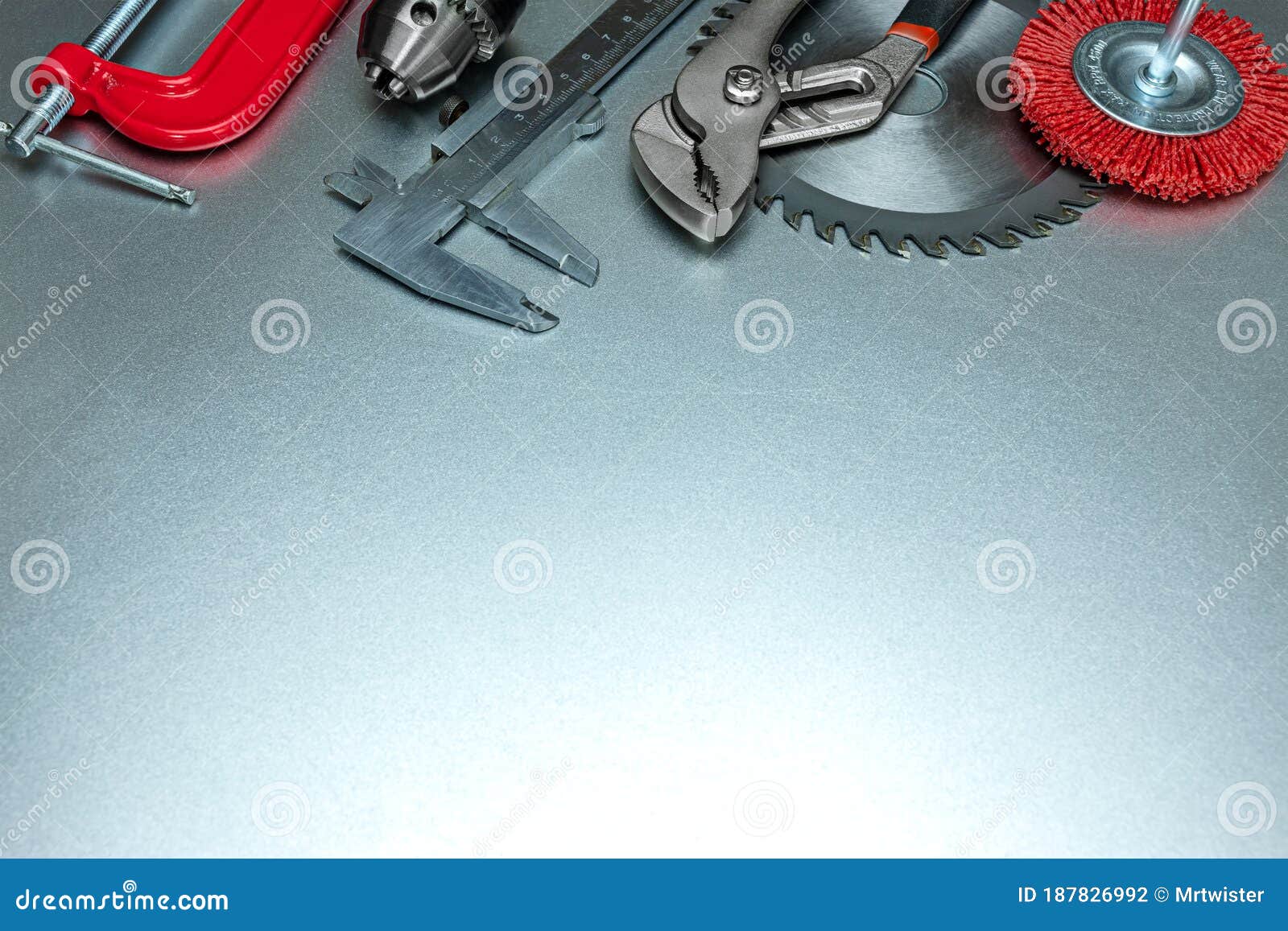 Set of Different Hand Tools on Grey Metal Workbench Stock Photo - Image ...