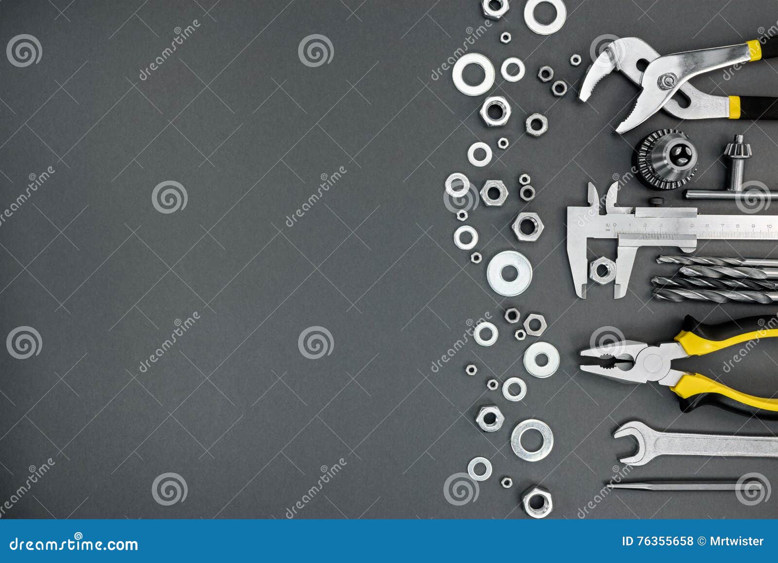 Set of Different Hand Work Tools with Chrome Nuts on Gray Backgr Stock ...