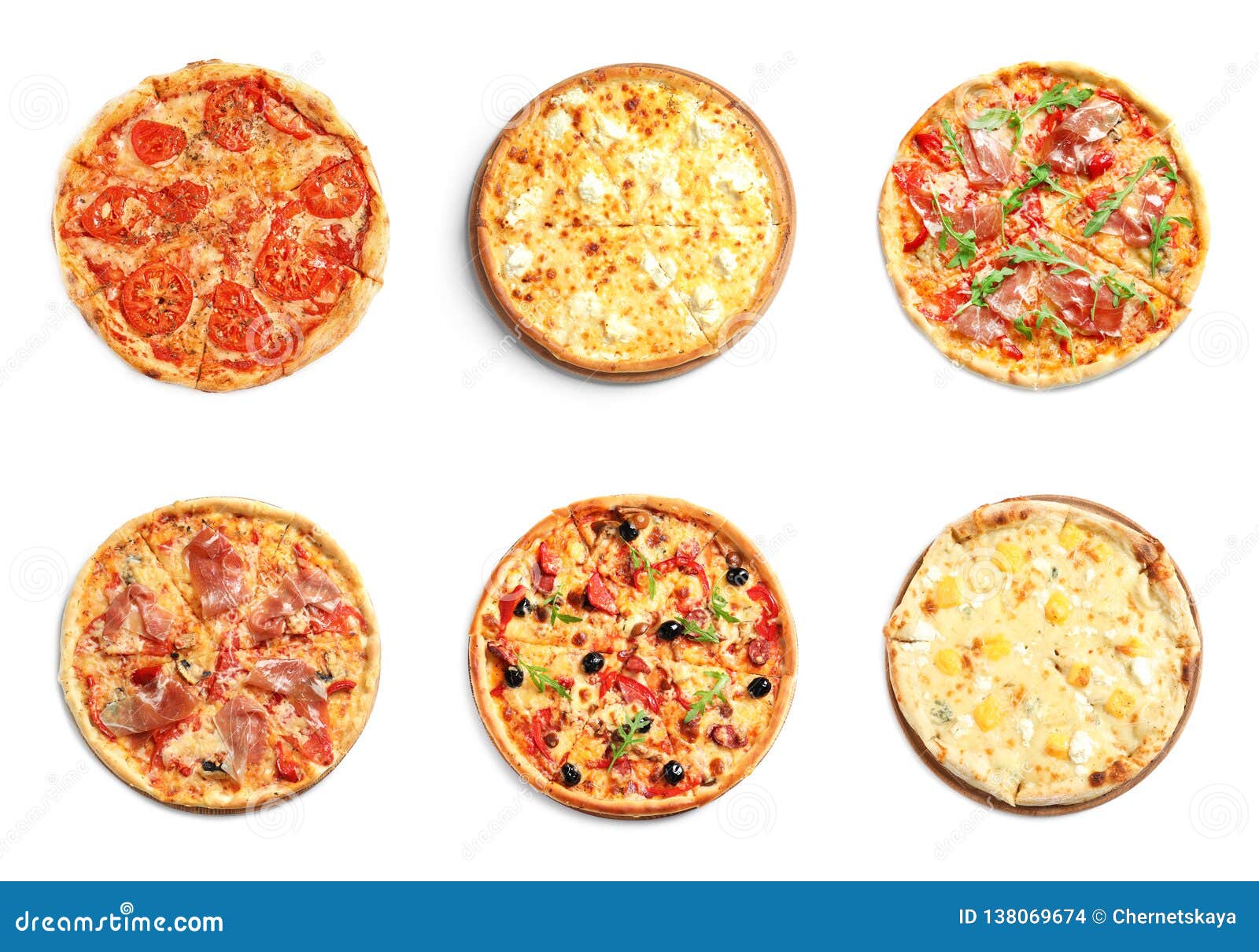 Set of Different Hot Pizzas with Delicious Melted Cheese on White ...