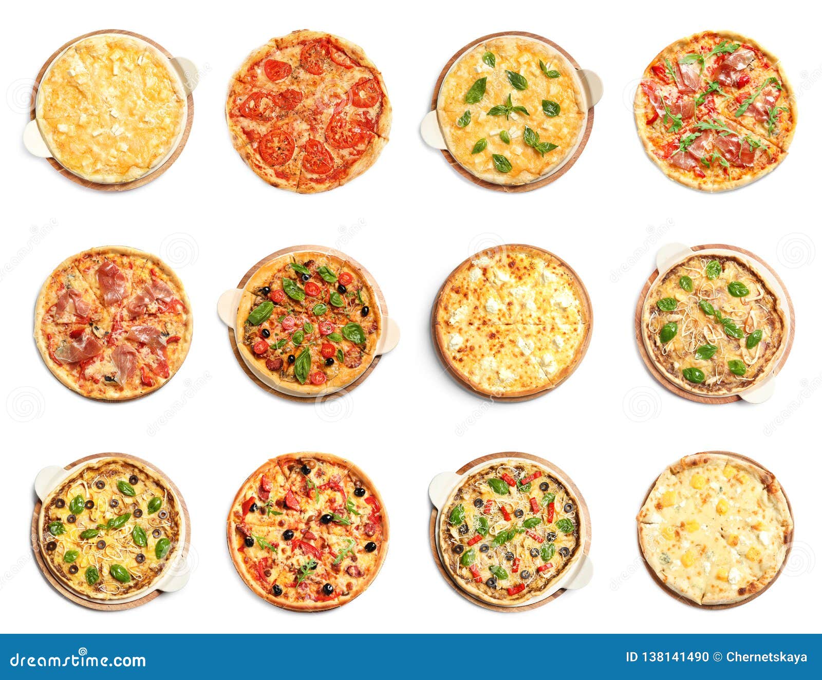 Set of Different Hot Pizzas with Delicious Melted Cheese on White ...