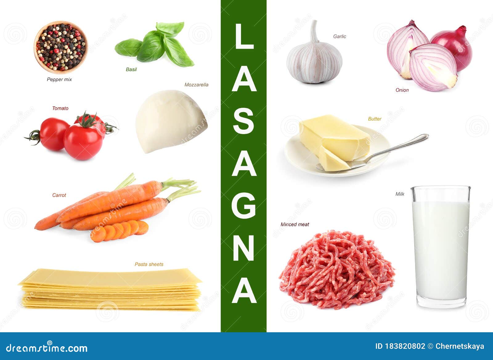 Set with Different Ingredients on Background. Lasagna Recipe Stock ...