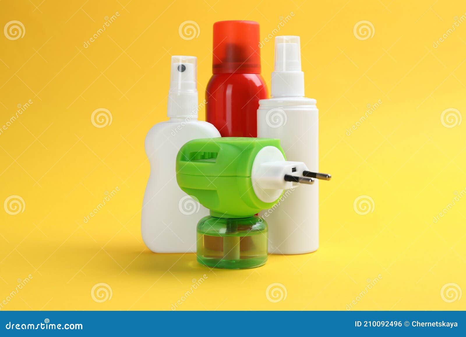 Set of Different Insect Repellents on Yellow Background Stock Photo ...