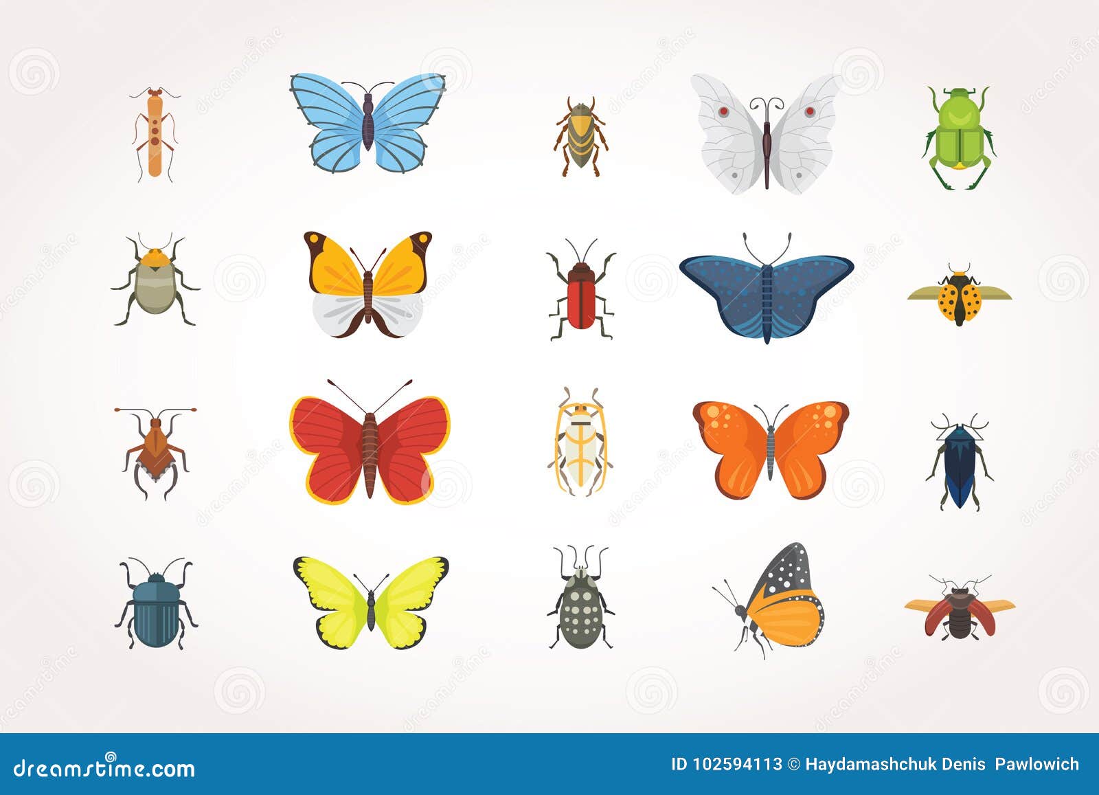 Set of Different Insects in Cartoon Style. Butterfly and Beetle ...