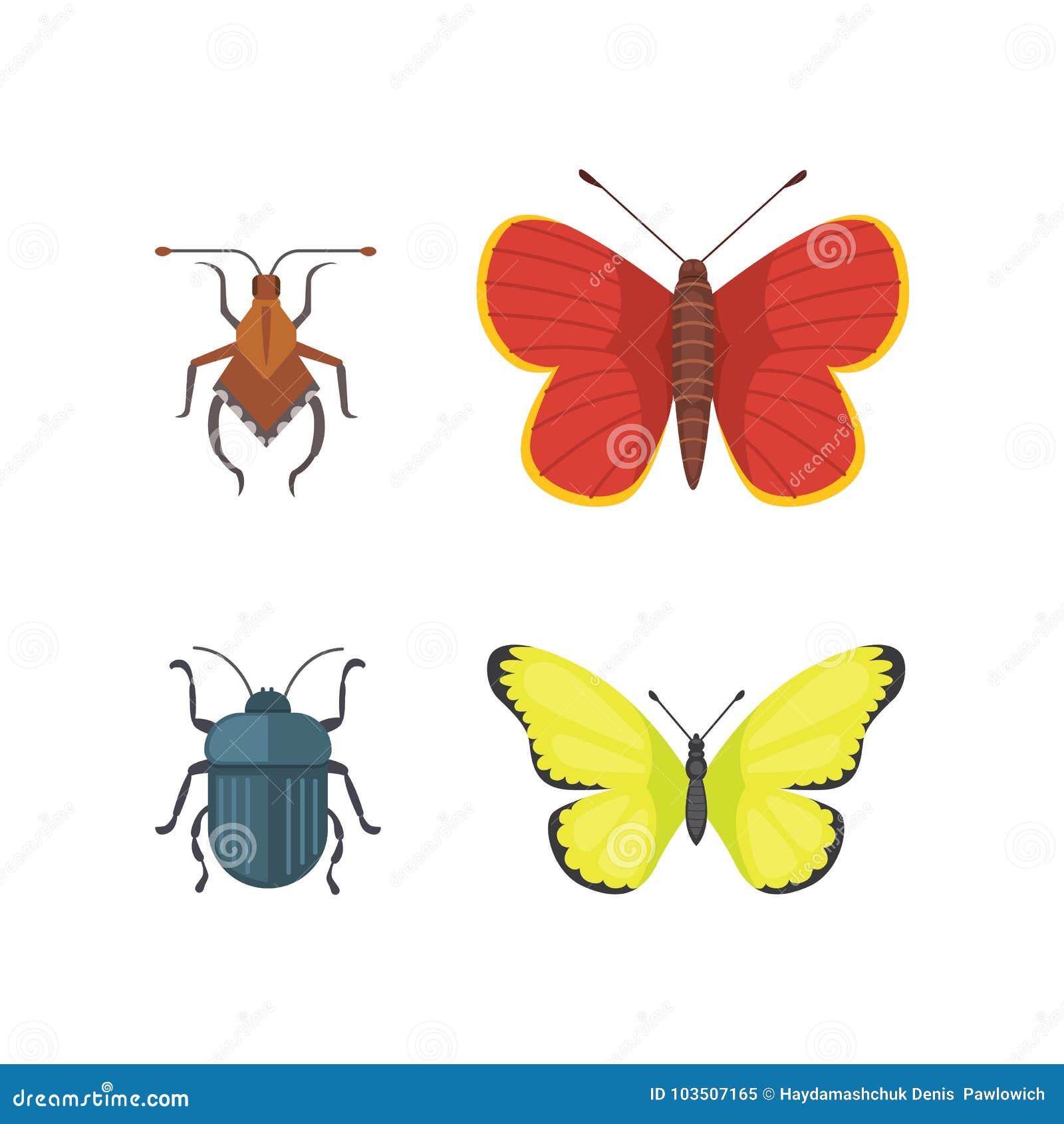 Set of Different Insects in Cartoon Style. Butterfly and Beetle ...