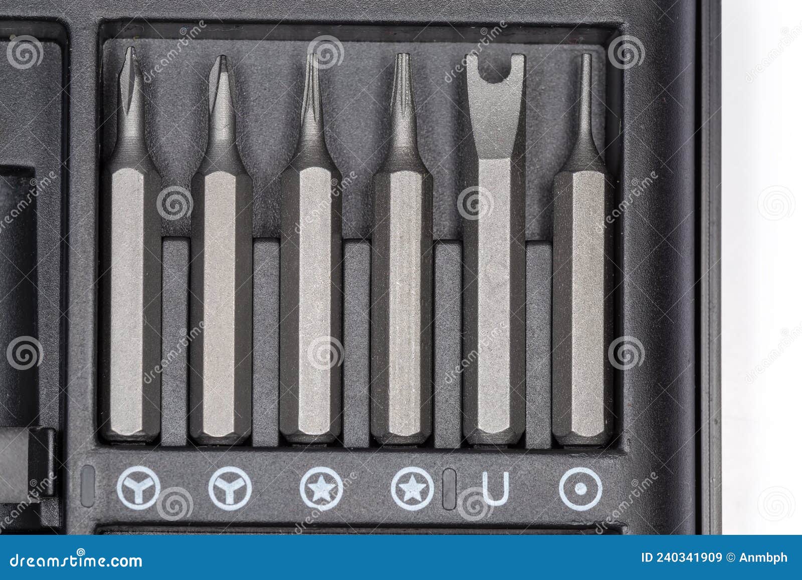 Set of Different Interchangeable Bits for Screwdriver in Case, Top View ...
