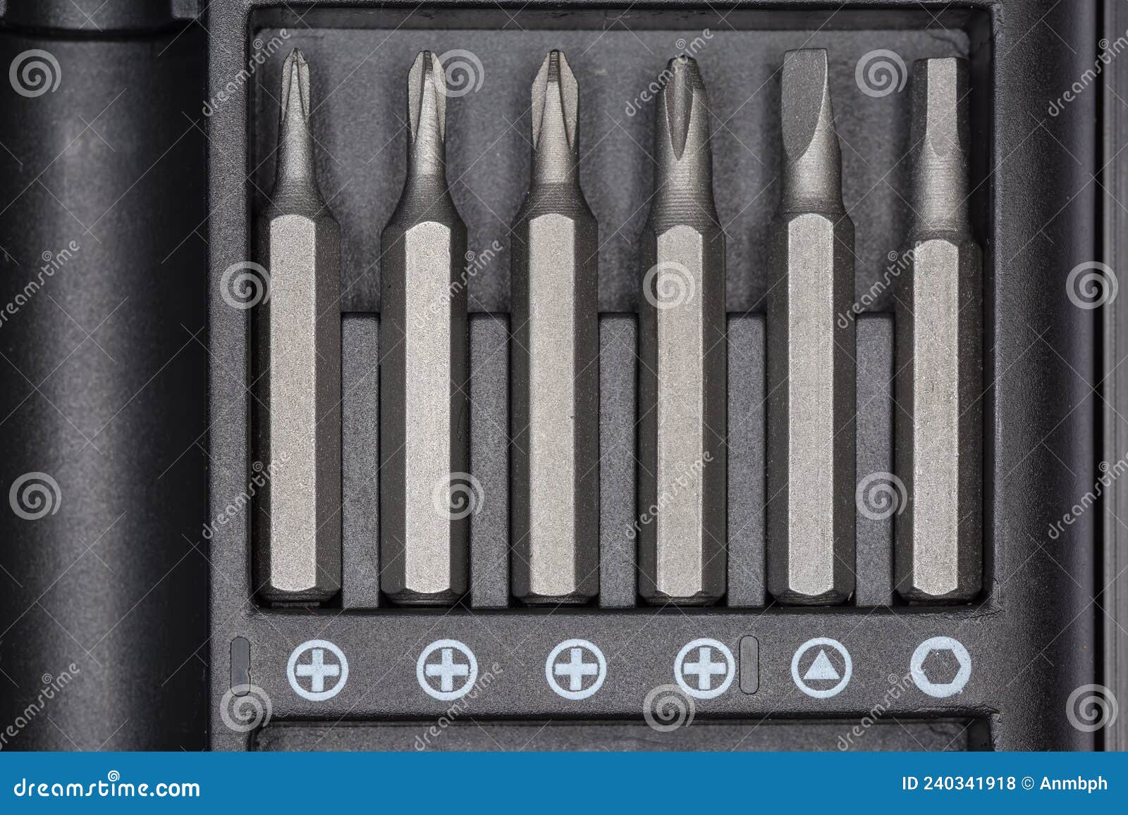 Set of Different Interchangeable Bits for Screwdriver in Case, Top View ...