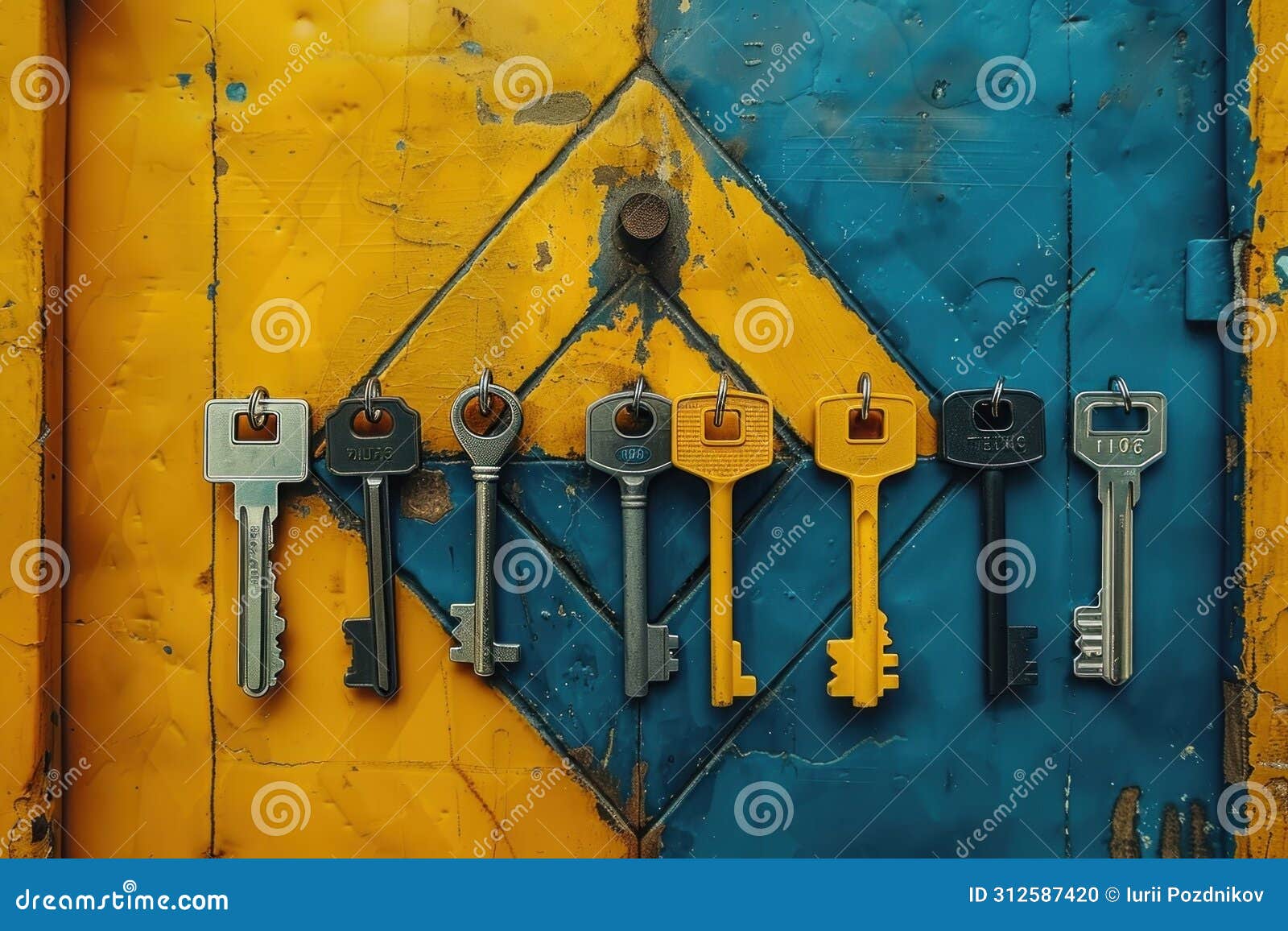 Set of Different Keys Hanging from Hooks on a Blue and Yellow Wall ...