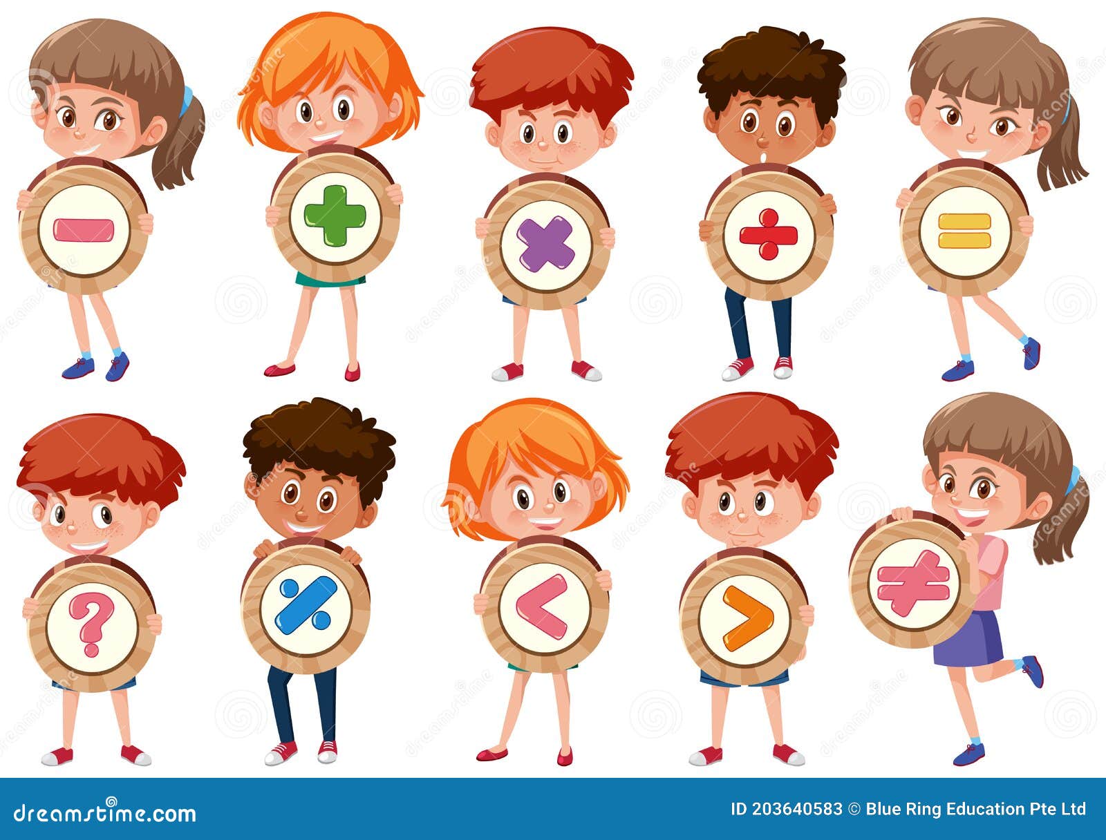 Set of Different Kids Holding Basic Math Symbol or Sign Cartoon ...