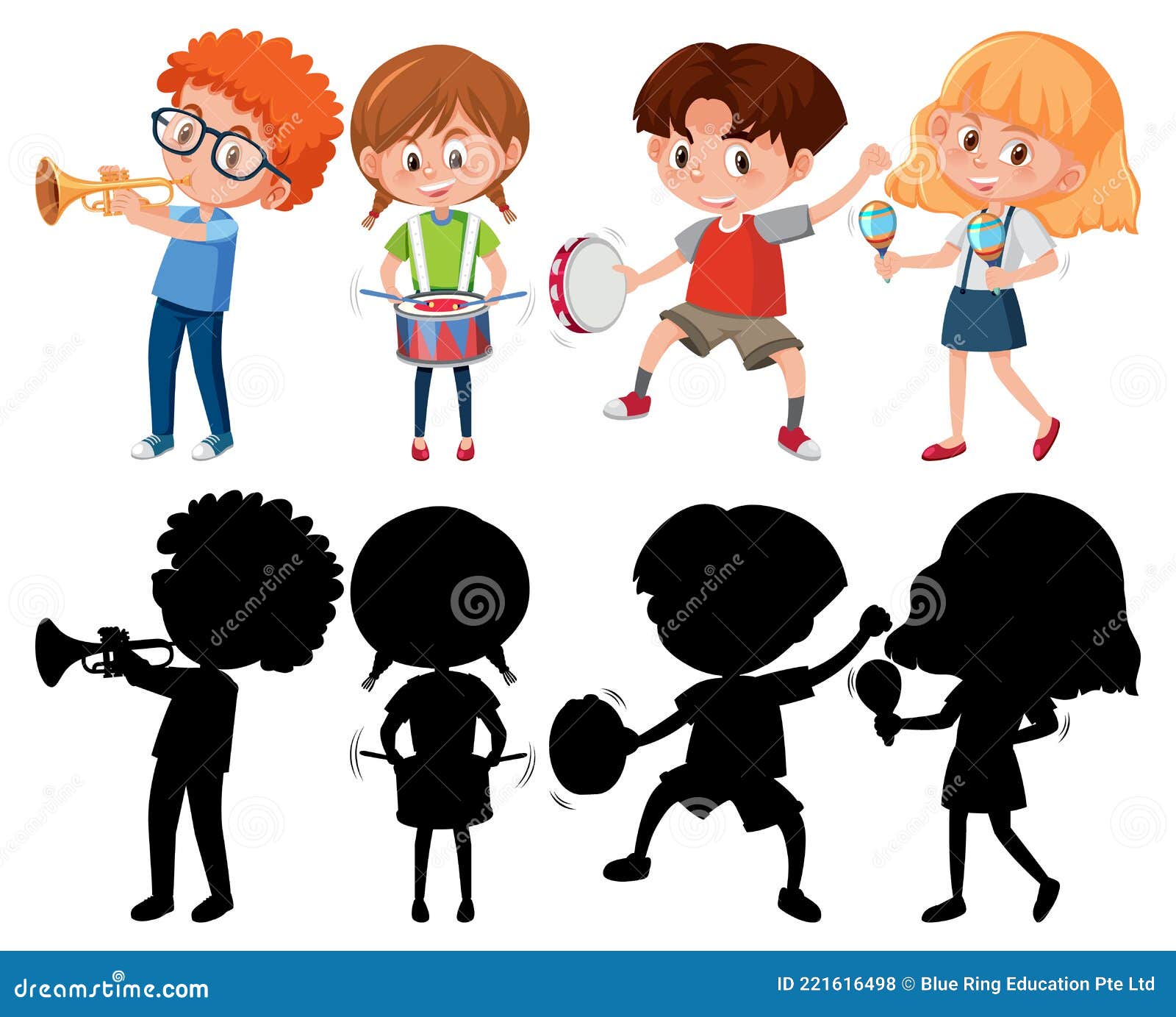 Set of Different Kids Playing Musical Instruments with Silhouette Stock ...