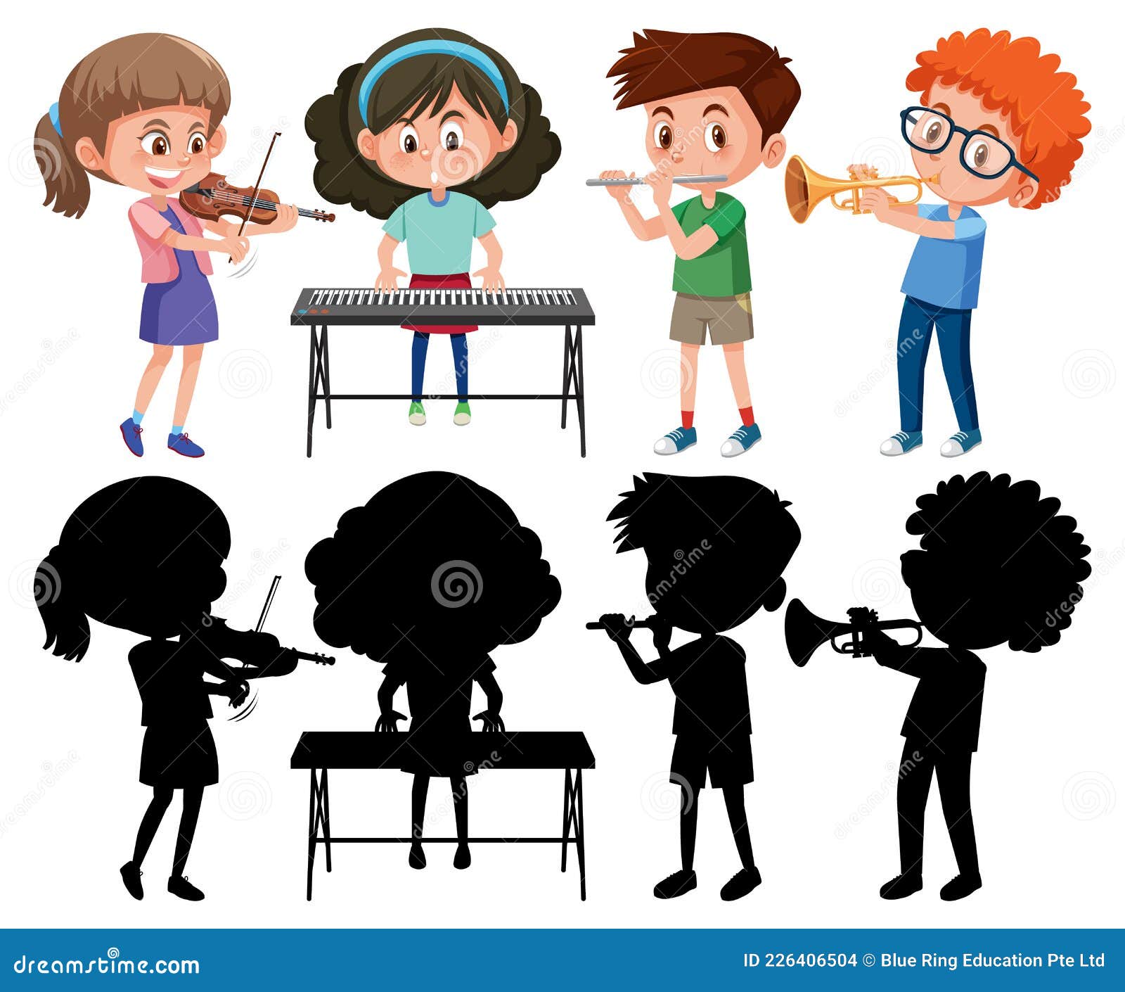 Set of Different Kids Playing Musical Instruments with Silhouette Stock ...