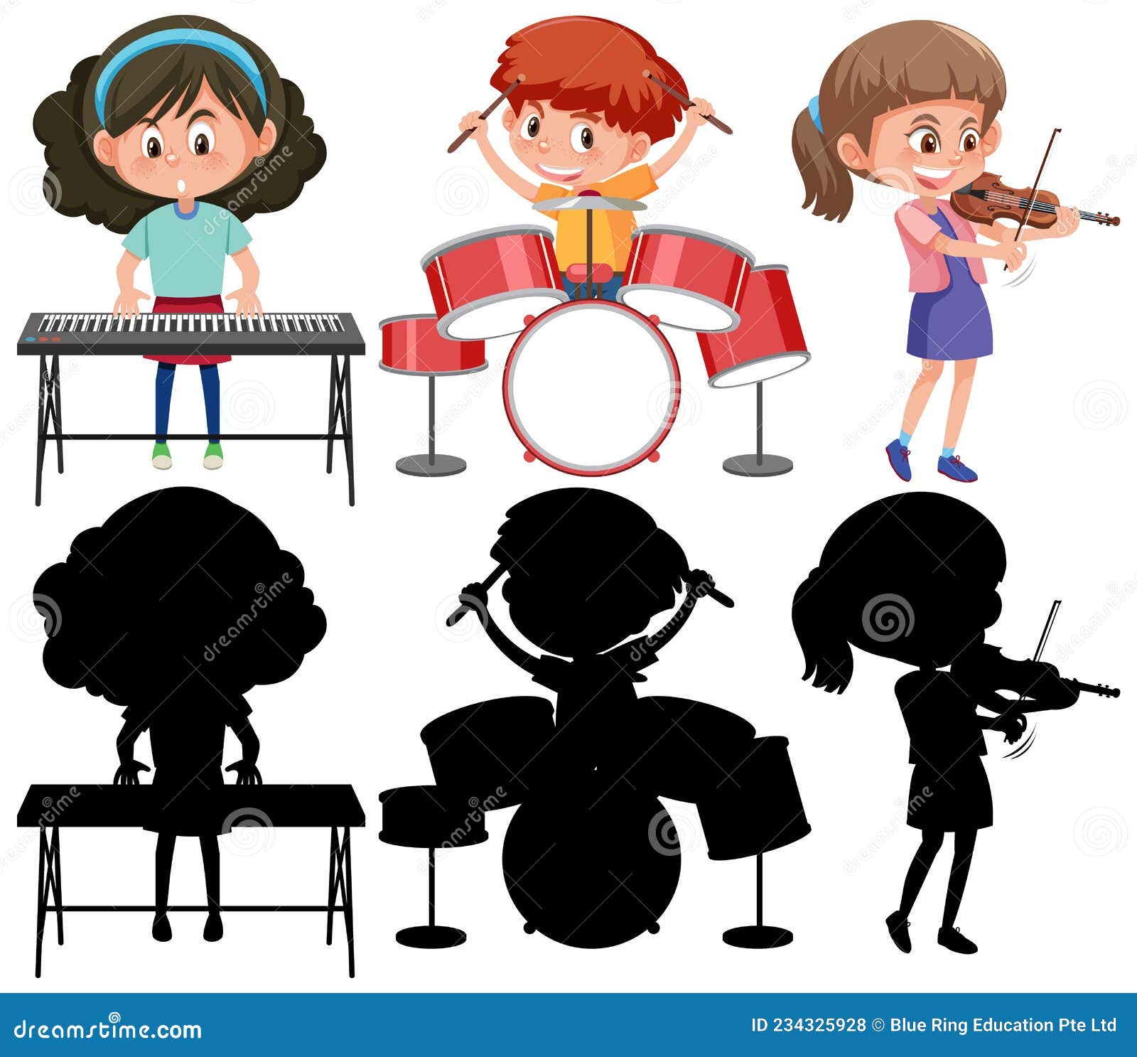 Set of Different Kids Playing Musical Instruments with Silhouette Stock ...