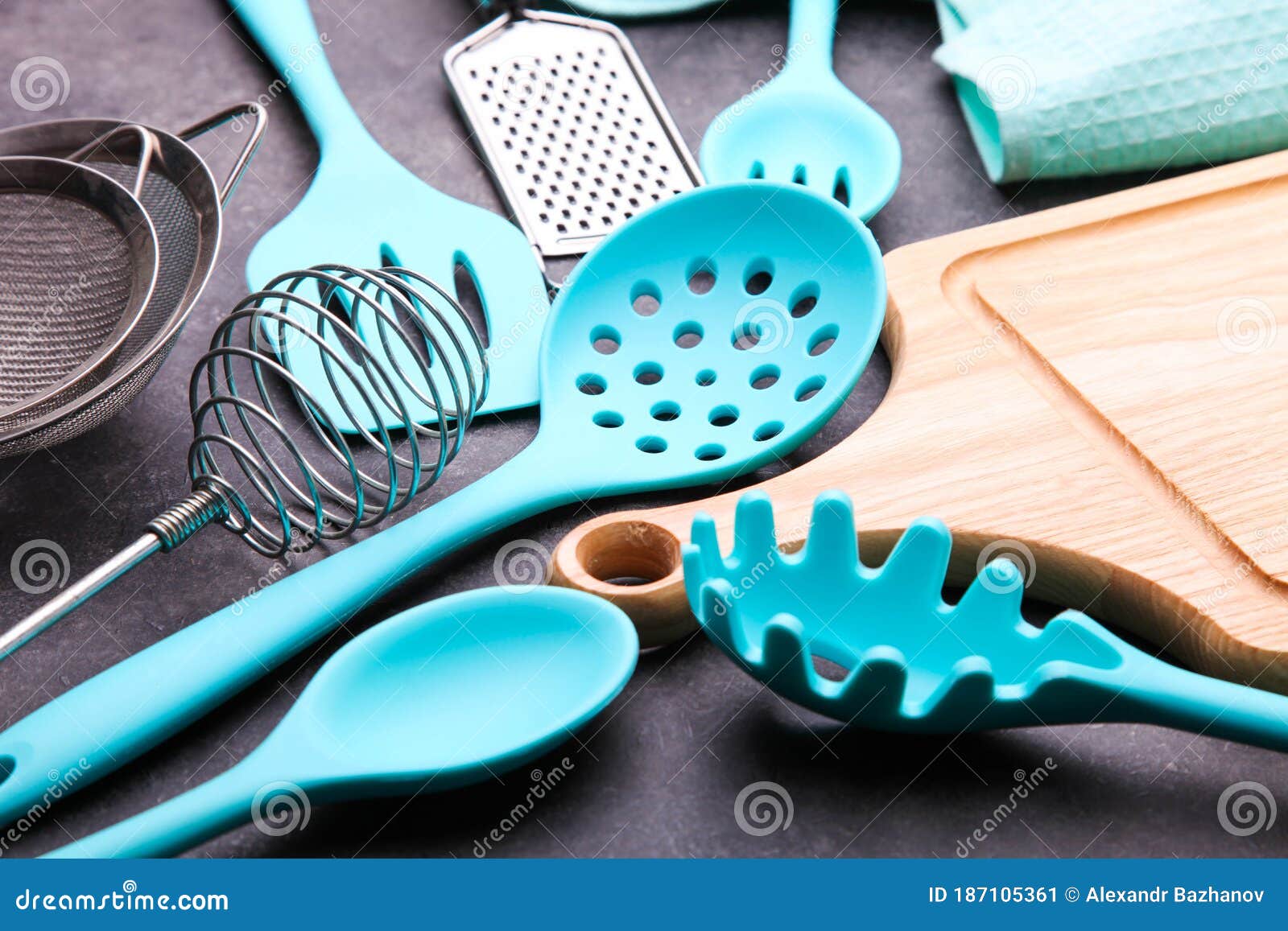 Set of Different Kitchen Utensils and Cutting Board Stock Image - Image ...