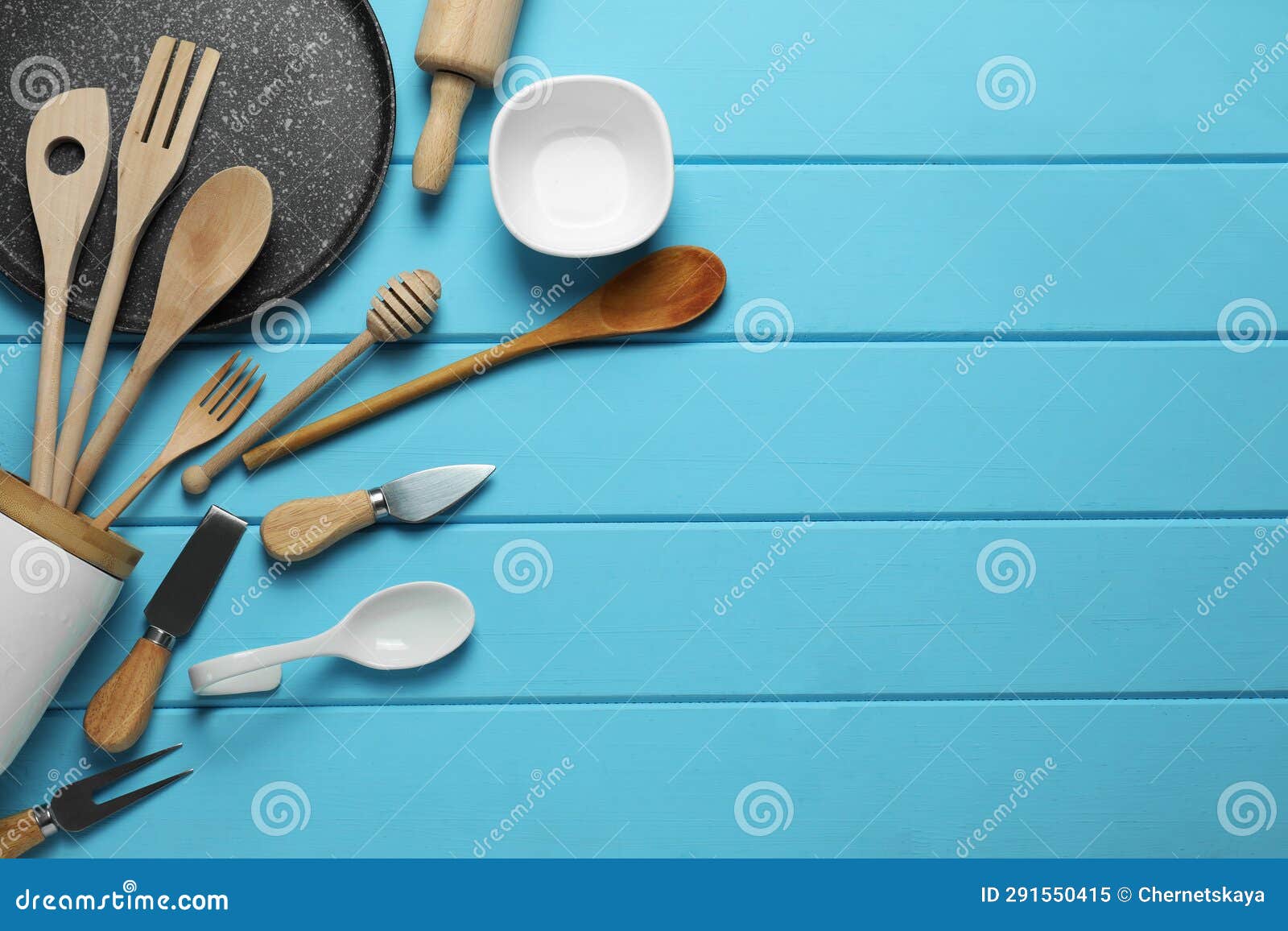 Set of Different Kitchen Utensils on Light Blue Wooden Table, Flat Lay ...