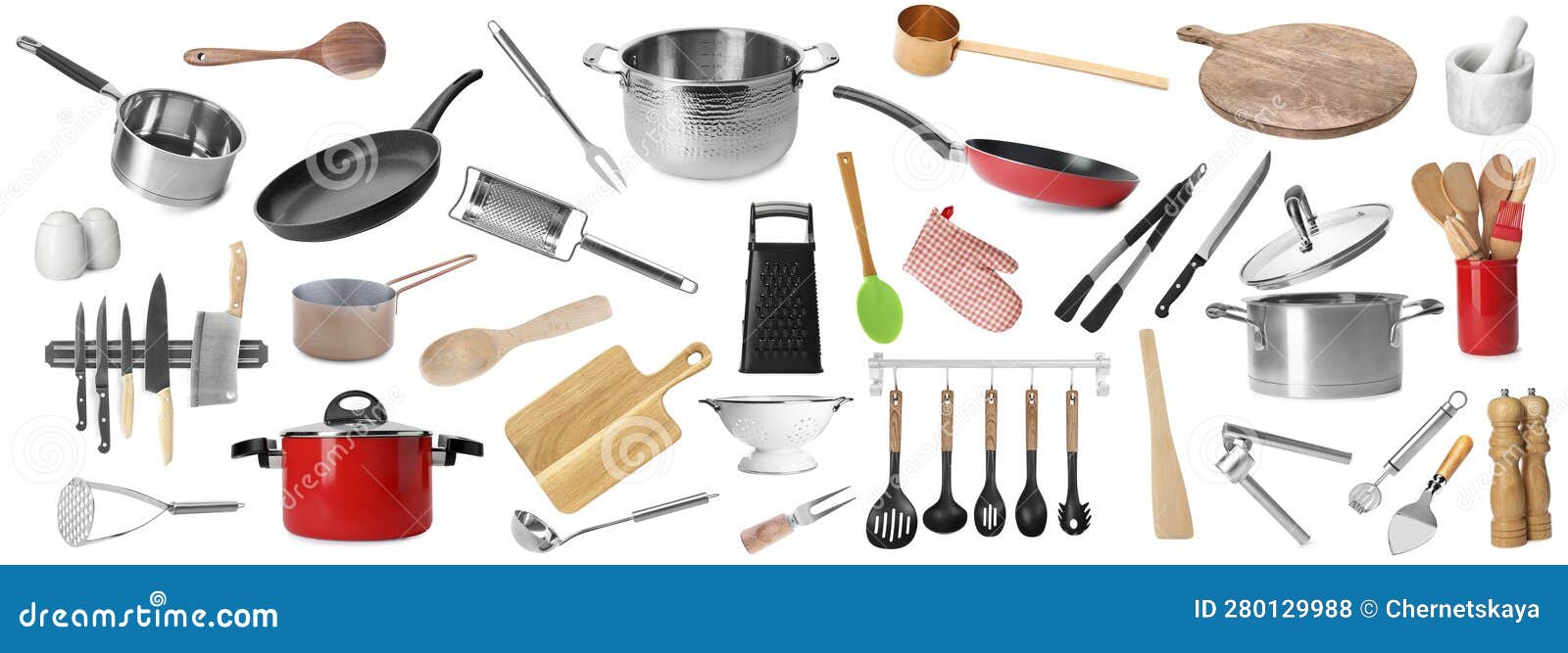 Set of Different Kitchenware on White Background Stock Photo - Image of ...