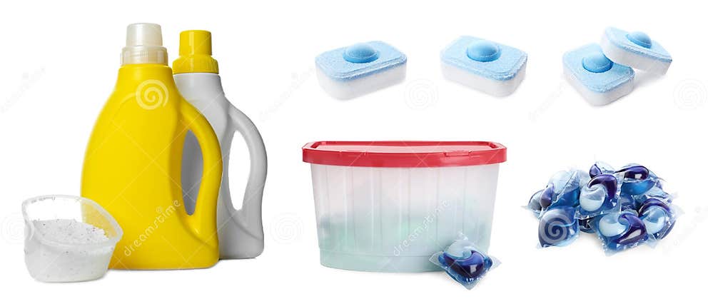 Set with Different Laundry Products on White Background. Banner Design ...