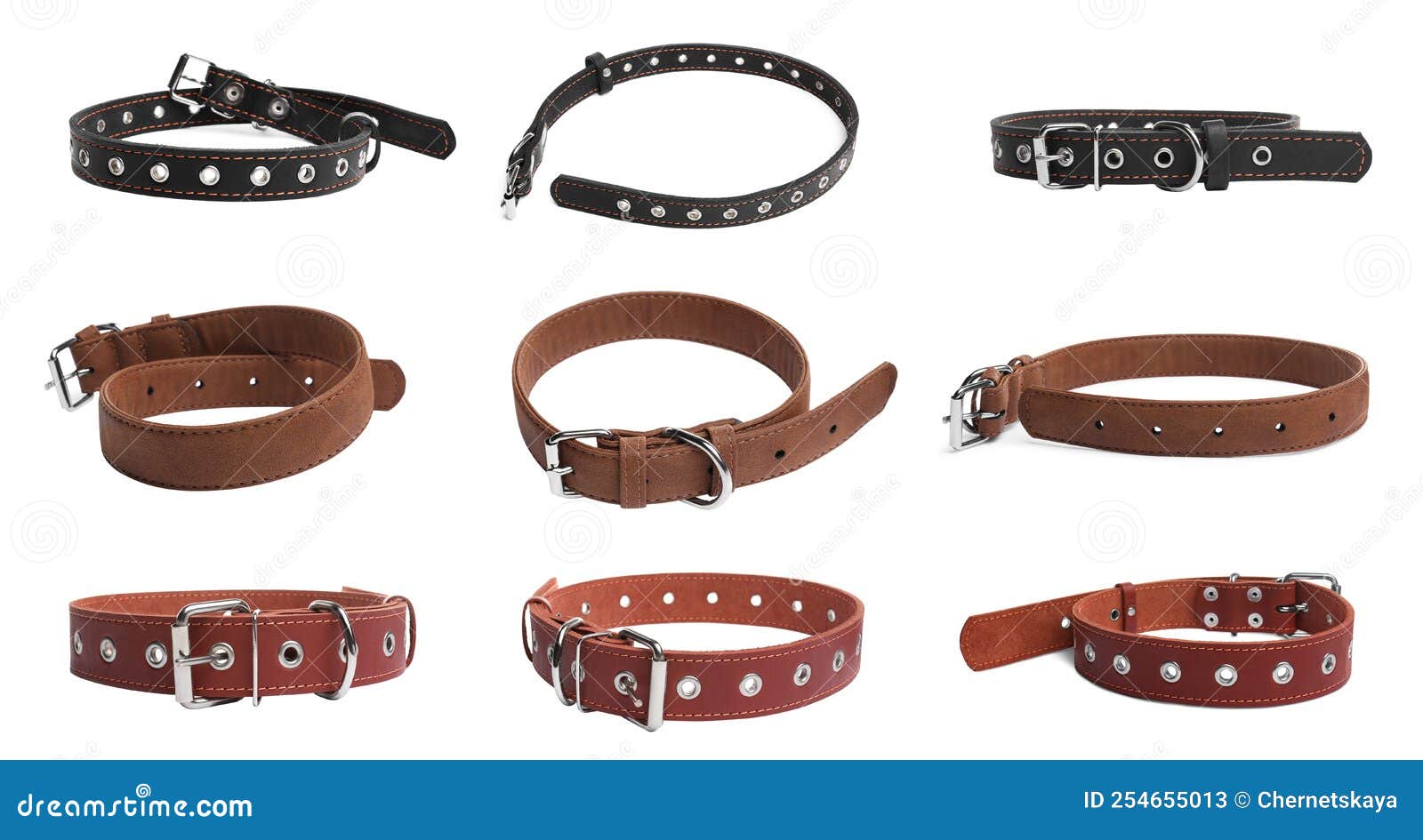 Set with Different Leather Dog Collars on Background Stock Image ...