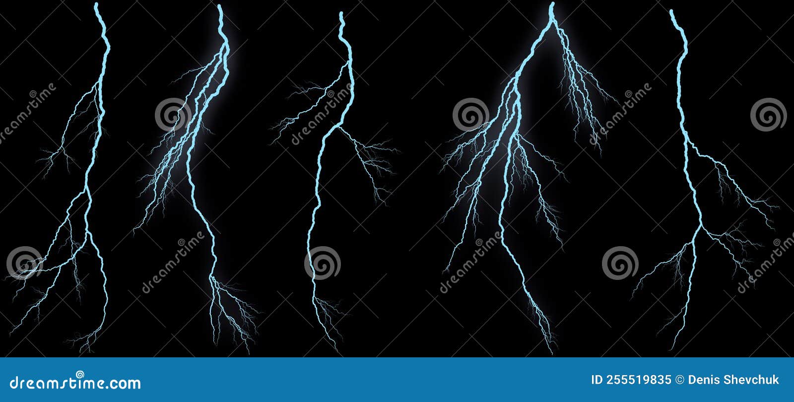 Set of Different Lightning Bolts Isolated on Black Background Stock ...