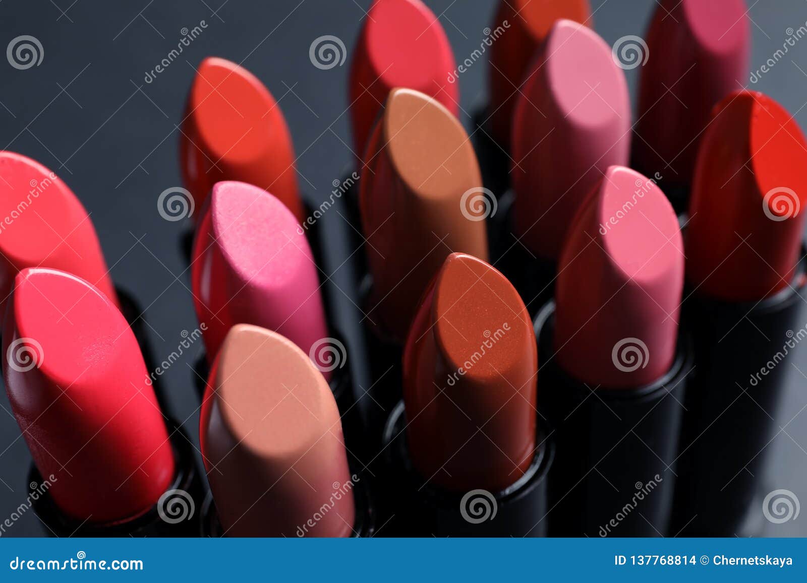 Set of Different Lipsticks on Grey Background, Closeup. Stock Photo ...