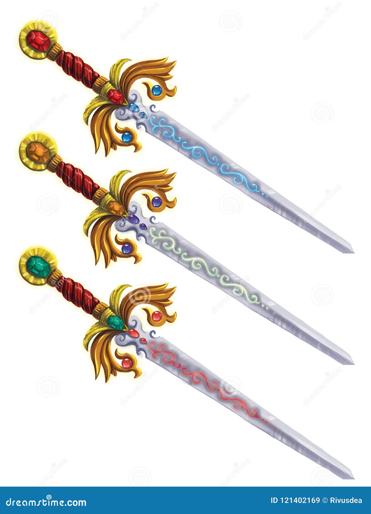 Set of Different Magic Swords. Earth, Fire, Air Element Stones in it ...